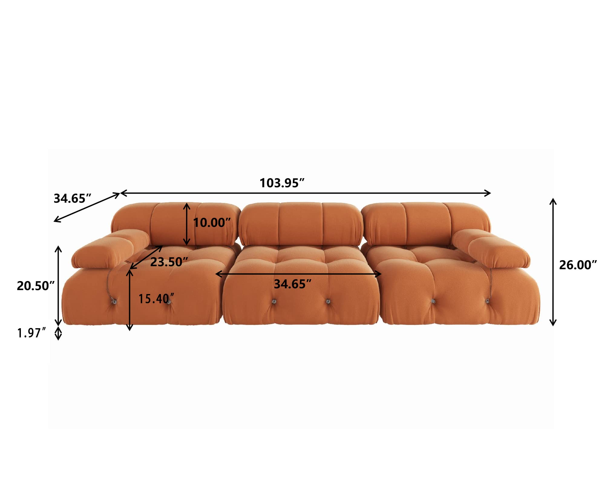 BOKIFOL Sectional Sofa, 104'' Modular Sectional Couch Modern Velvet Sofa 3-Seater Couch for Living Room, Apartment(Orange)