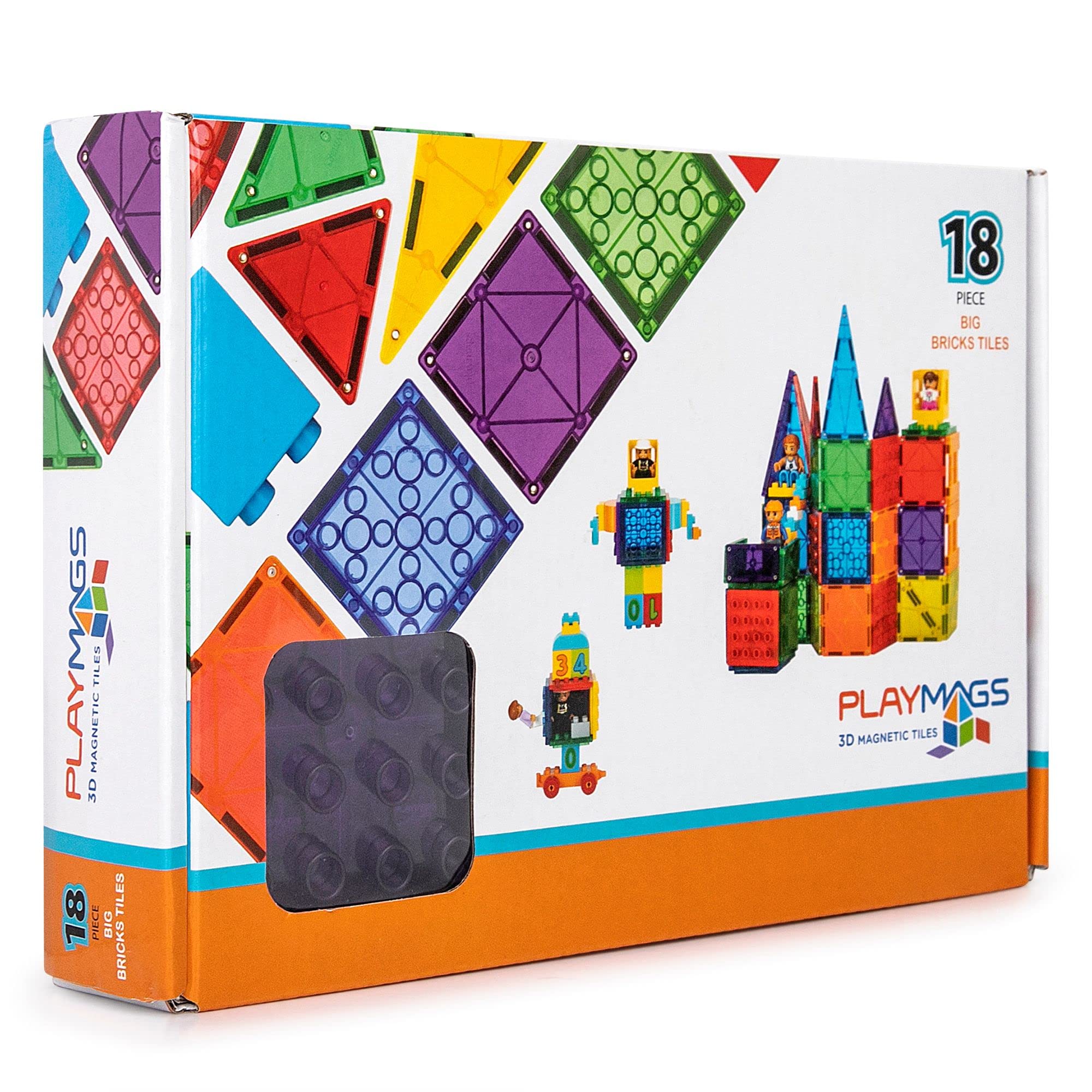 Playmags Magnetic Tiles, 18Pcs Magnetic Building Bricks, Exclusive Magnetic Blocks, Skill Development, Ages 3+ (Big Bricks Tiles)