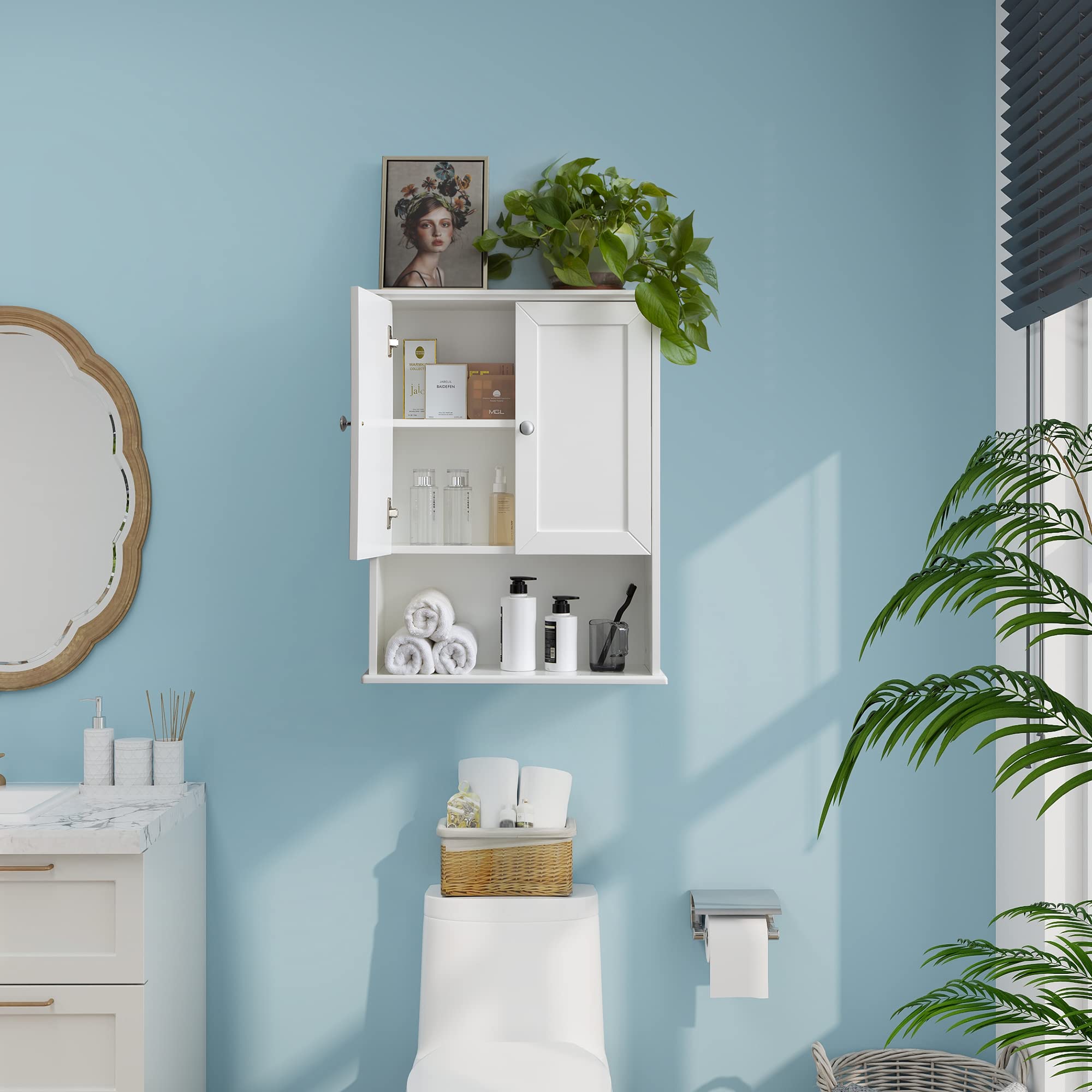 VANIRROR White Bathroom Wall Cabinet Over The Toilet Storage Cabinet, 24x30 Inch Wood Medicine Cabinets Wall Mounted Bathroom Cabinet with Doors for Laundry Room, Bedroom Kitchen
