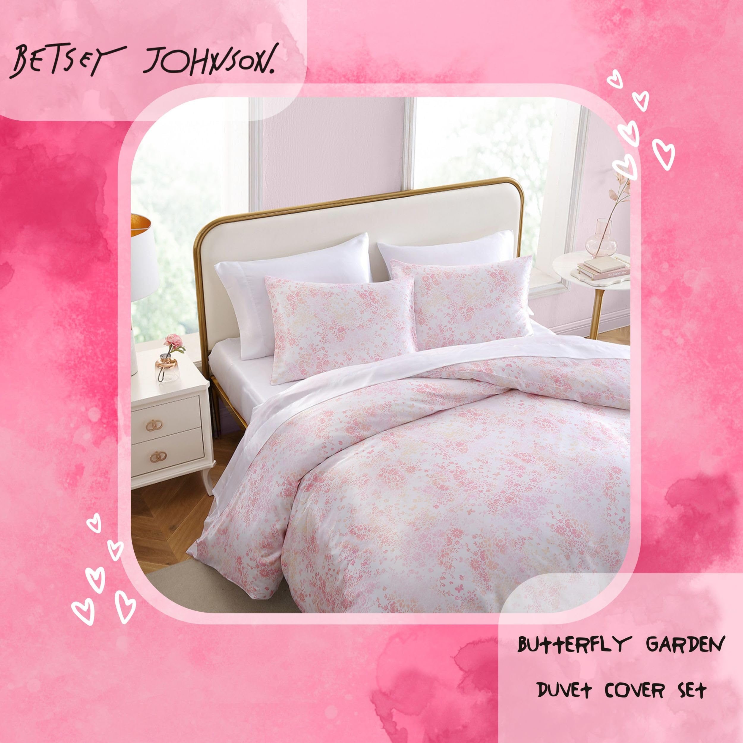 Betsey Johnson - Twin Duvet Cover Set, Luxurious Satin Bedding with Matching Sham, Silky Home Decor for Hair and Skin (Butterfly Garden Pink, Twin)