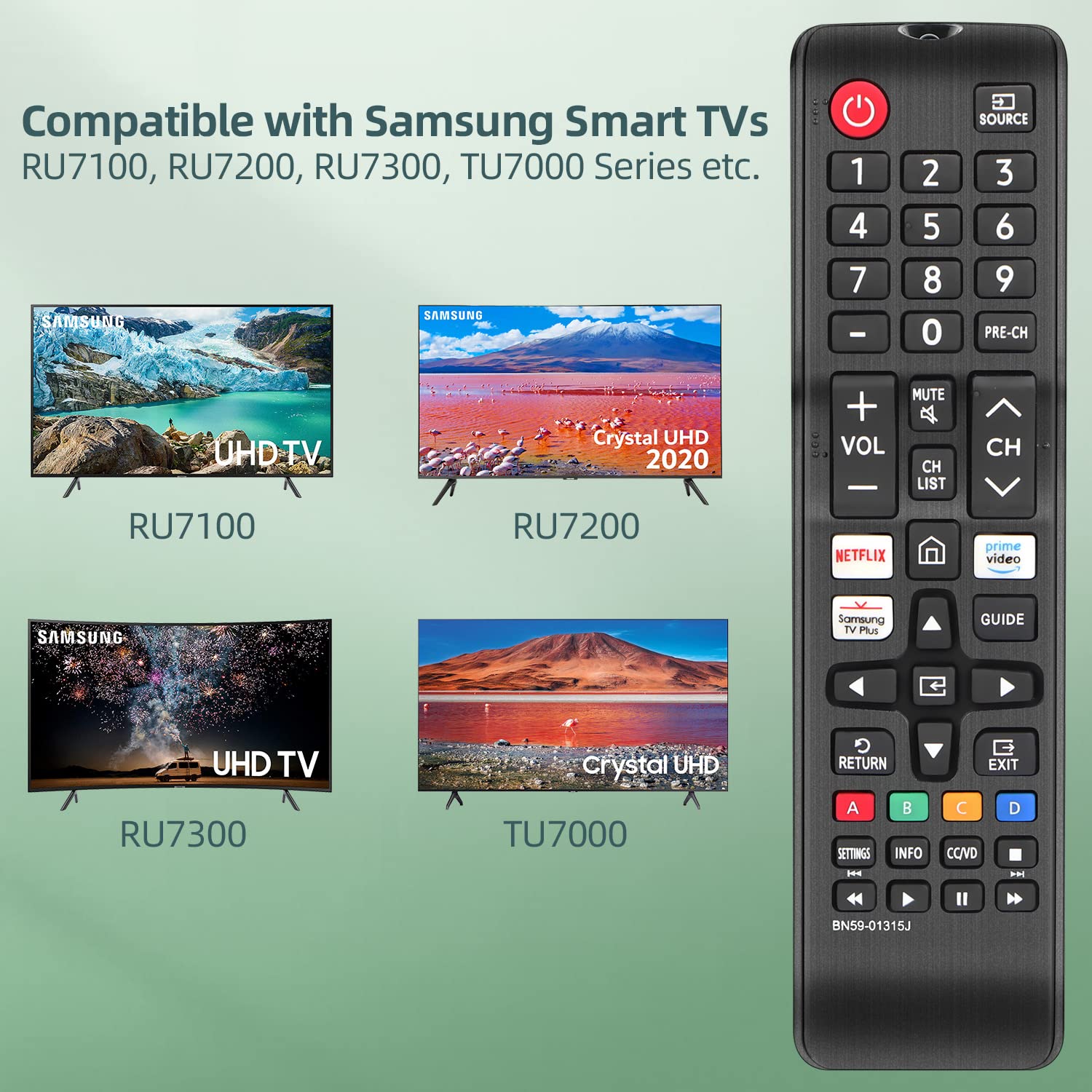 Gvirtue Remote Control BN59-01315J Replacement for Samsung-Smart-TV-Remote Samsung LED LCD QLED 4K 8K UHD 3D HDTV HDR Curved Crystal Smart TV with Netflix, Prime Video, Samsung TV Plus Button