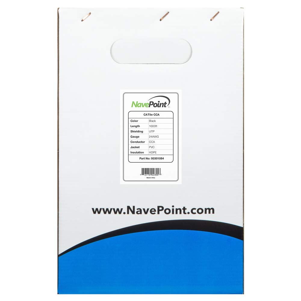 NavePoint CAT5e (CCA), 1000ft, Black, Solid Bulk Ethernet Cable, 24AWG 4 Pair, Unshielded Twisted Pair (UTP)