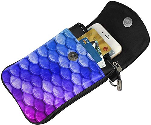 Colorful Rainbow Mermaid Scales Blue Women Soft PU Leather Cellphone Purse Wallet Handbag Small Crossbody Shoulder Bag