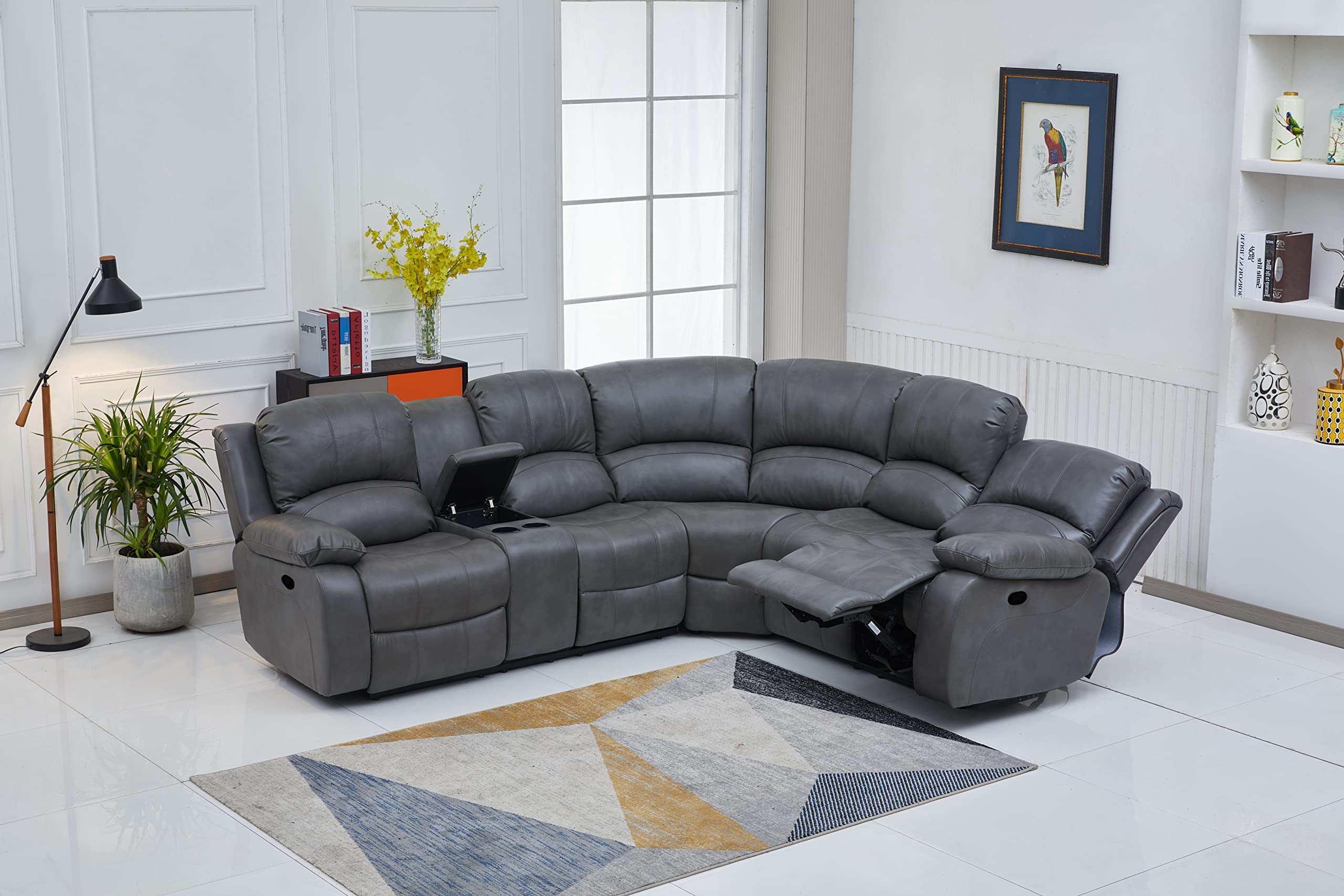 Betsy Furniture Bonded Leather Sectional in Multiple Colors, Sectional with 3 Reclining Seats, Console (Grey, Left Console Sectional)