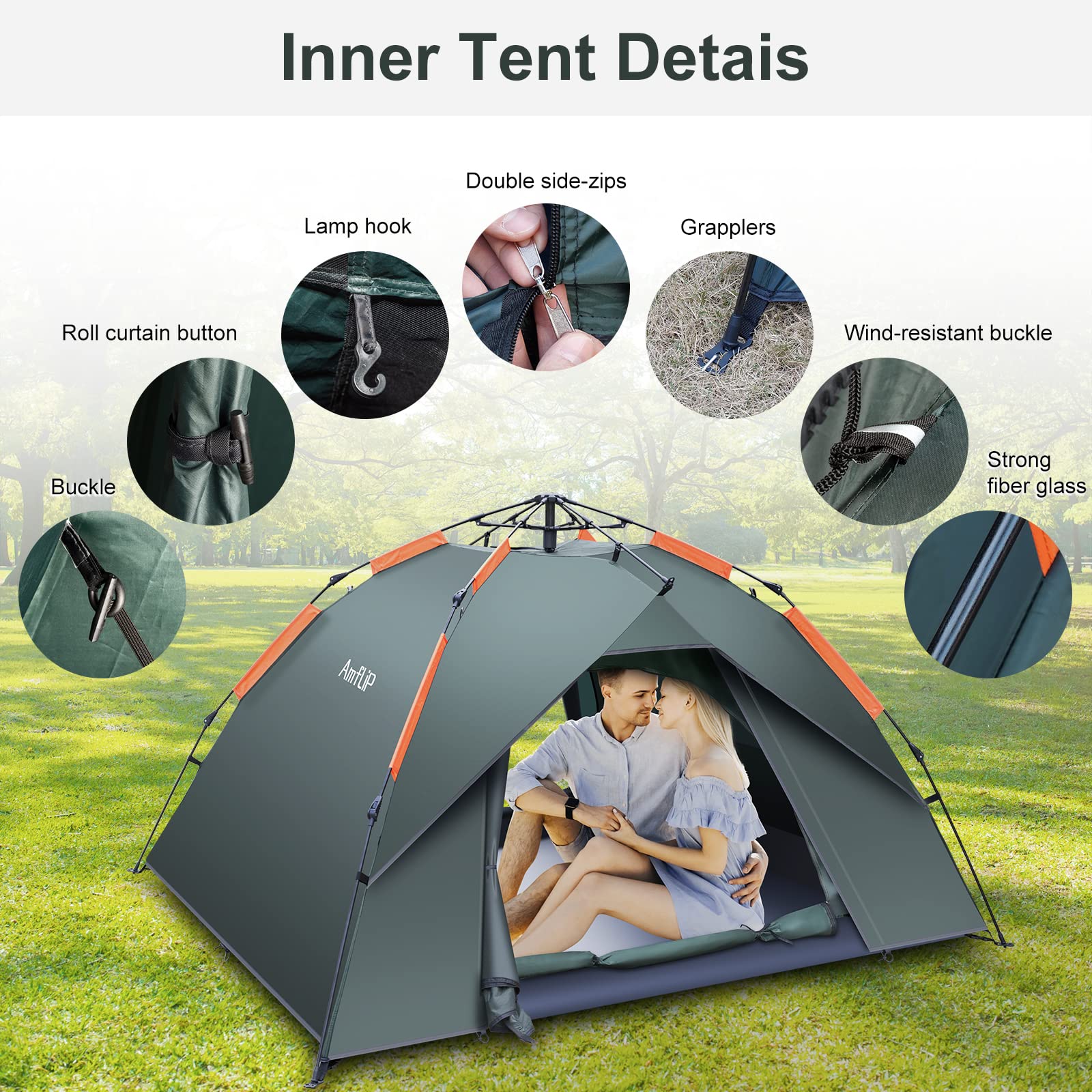 Amflip Camping Tent Automatic 2-3 Man Person Instant Tent Pop Up Ultralight Dome Tent 4 Seasons Waterproof & Windproof Camping Tent with Removable Outer Tarpaulin, Double Layers (green)