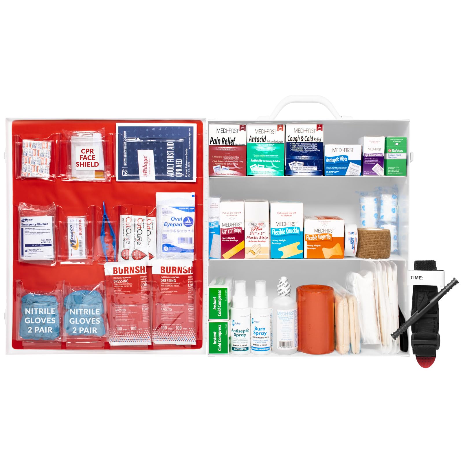 MFASCO 2021 ANSI/OSHA Compliant First Aid Kit - Large, Commercial 3-Shelf Metal Cabinet for Businesses, Wall Mountable - with Medications - ANSI Standard 2021 First Aid Kits, Class B Fill