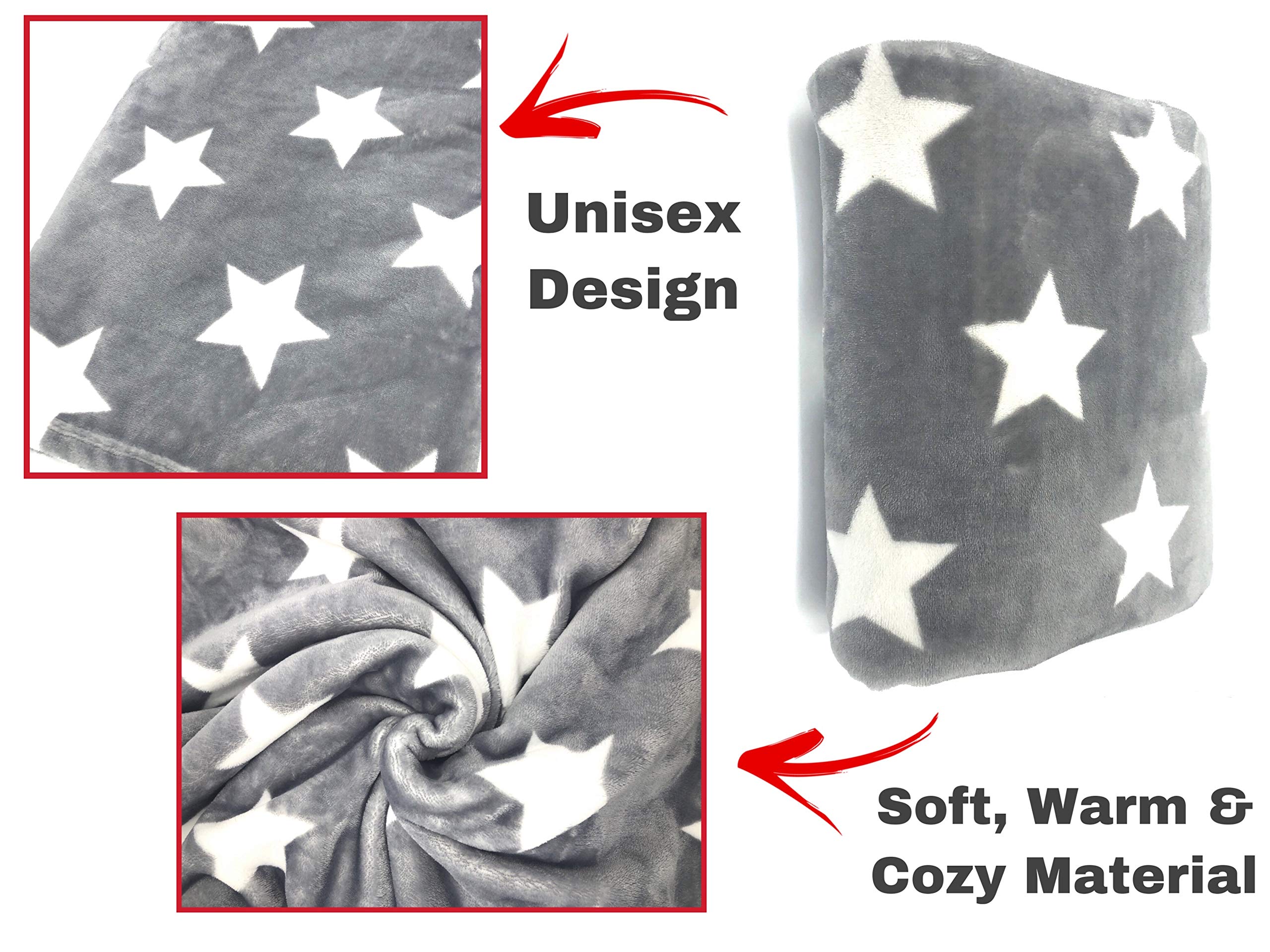 Baby Blanket - Super Soft Blanket for Girls & Boys. Large Blanket (34.5"x47") Warm Throw Blanket for Cribs & Strollers, Receiving Blanket, Gray with White Star Blanket
