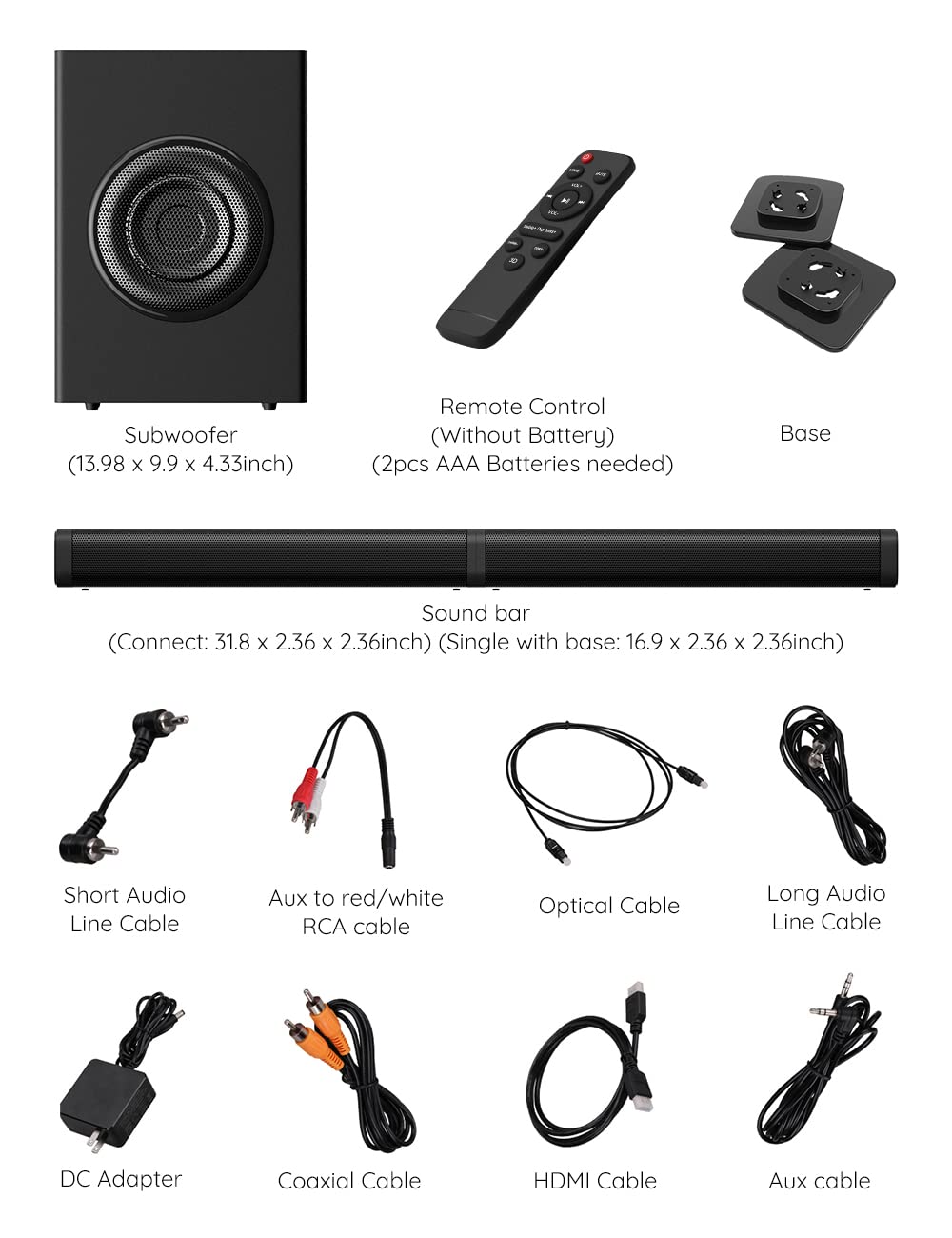 GEOYEAO Sound Bars for TV with Subwoofer, 3D / DSP/Bluetooth/HDMI-ARC Home Speakers, Bass Treble Adjustable, 2 in 1 Sound System Horizontal & Vertical Placement Surround Sound TV Speaker, 2.1 Channel