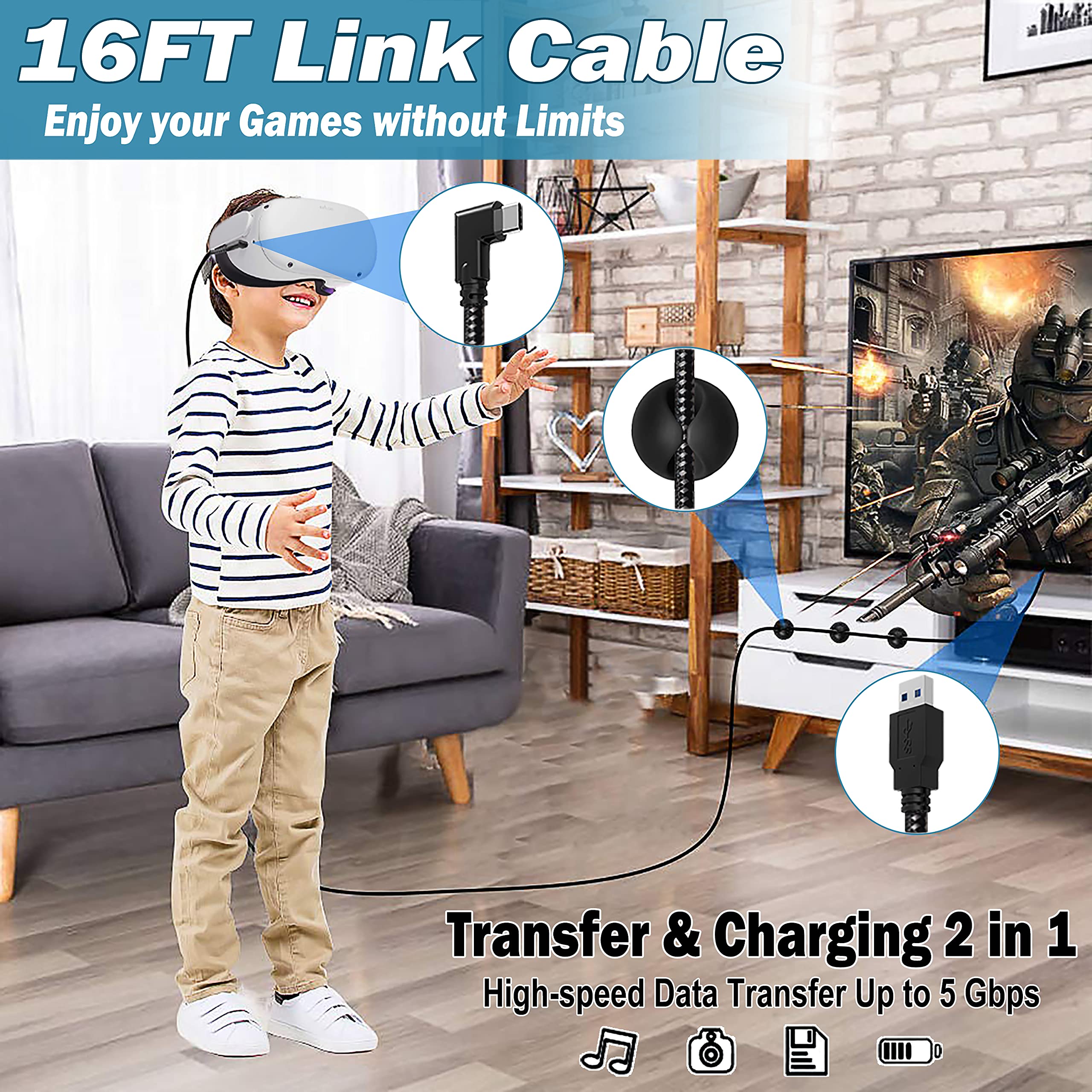 Oculus Link Cable 16FT Compatible for Oculus Quest 2 Quest 1 Rift S VR Headset, High-Speed Data Transfer & Fast Charging USB C 3.2 Gen1 Type A to C Nylon Braided Cable for VR Headset and Gaming PC