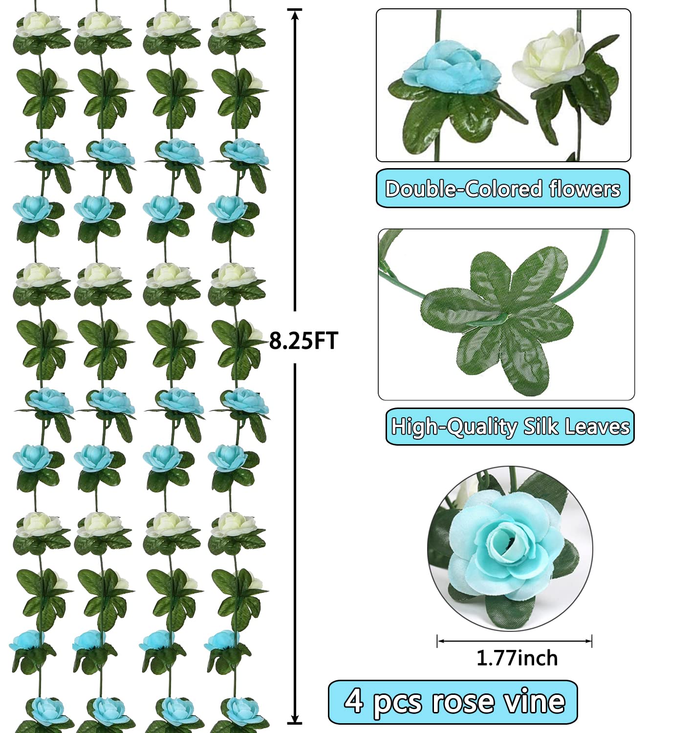 WEISPARK Fake Flowers - 4pcs 8.2 FT Artificial Rose Vine Flower Plants Hanging Rose Ivy for Home Hotel Office Wedding Party Garden Craft Art Décor (Blue&White)