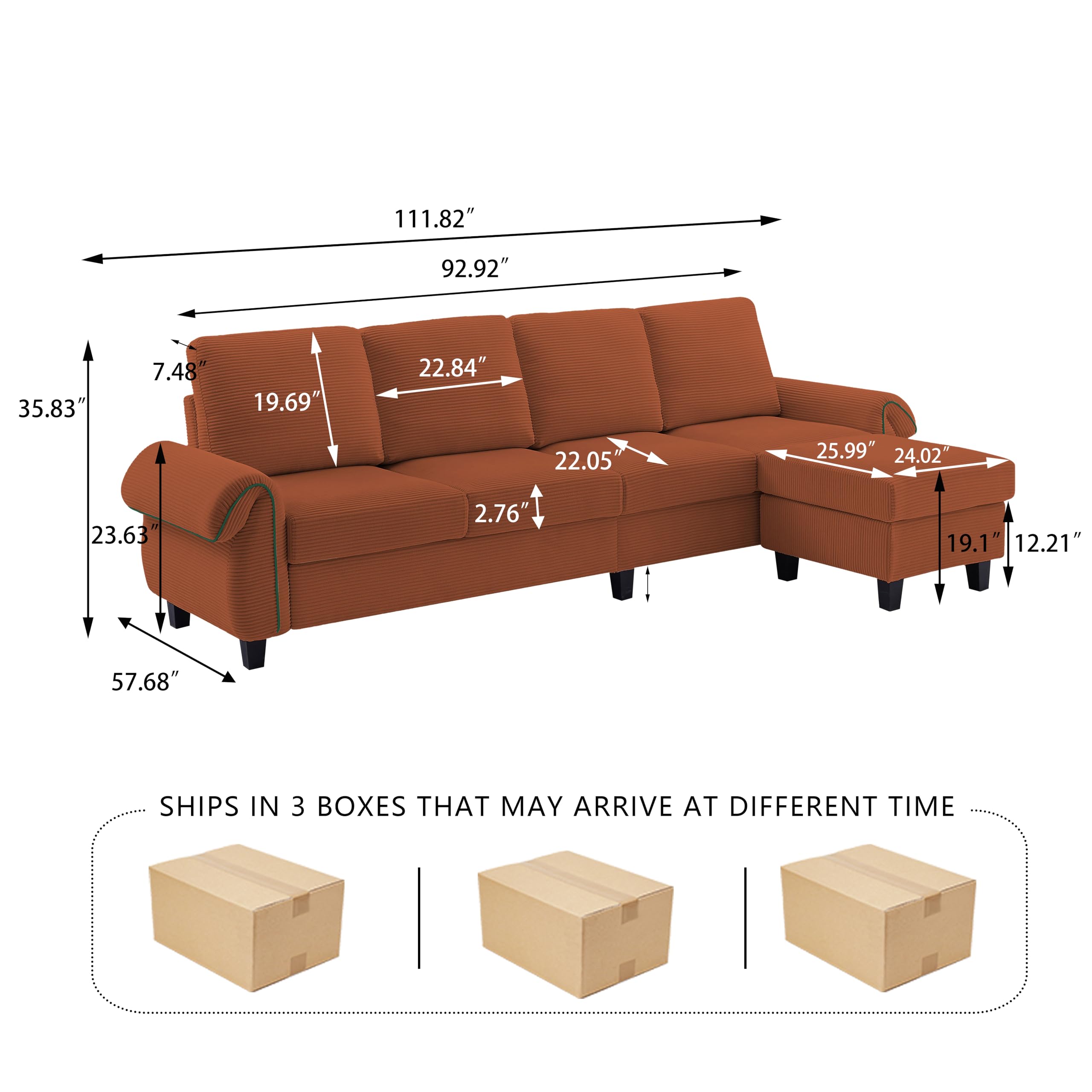 Pingliang Home 112" Sectional Sofa Couch, 4 Seat L Shaped Couch with Reversible Ottoman and Wooden Legs, Modern Polyester Fabric Couches for Living Room Apartment Office, Orange