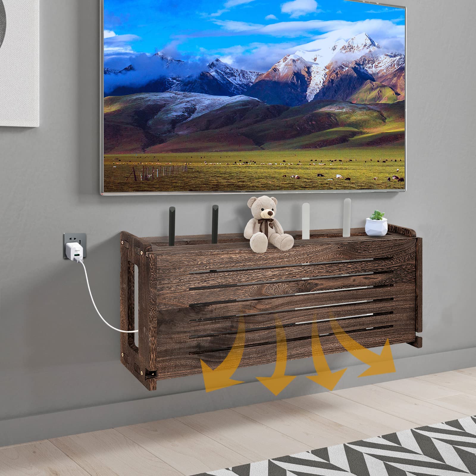 BEARUT Wooden Router Shelf Wall Mount WiFi Router Storage Box Modem Cable Router Cover Organized Power Strip Cable Management Hider Rack Need Assembly 20.9 * 9.8 * 5.4 in (L* H * D)