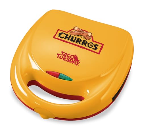 Nostalgia Taco Tuesday Electric Churro Maker – Nonstick, 6-Slot Dual Cooking Plates for Homemade Churros and Cinnamon Pasties – Yellow and Red