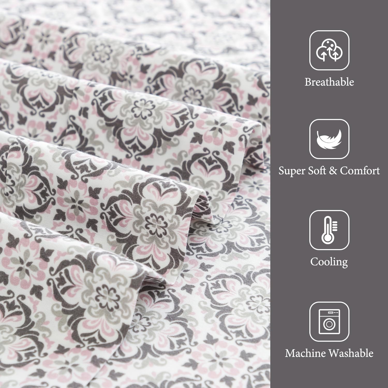 KaceMoo King Sheet Set 4PC Printed Sheets Beige Floral Pattern Boho Sheets Cooling Deep Pocket Microfibe Bed Sheet King Size, Luxury, Soft, Breathable, Hypoallergenic, Wrinkle Free for Kids Room, Dorm