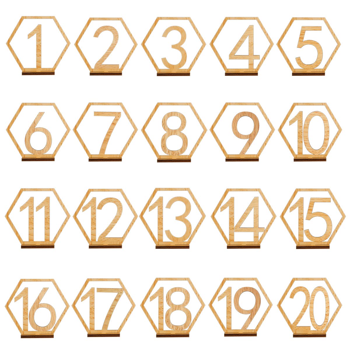 BravOne Wooden Table Numbers, Hexagon Shape 1-20 Wedding Table Numbers with Holder Base Rustic Hollow Out Wood Table Numbers Card for Wedding Party Event Catering Decoration (Hexagon)