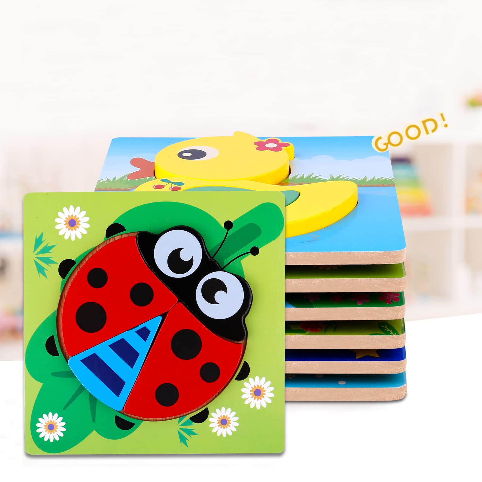 GINMIC Wooden Puzzles for Toddlers, Boys & Girls Educational Preschool Toys Gift with 6 Animals Patterns, Puzzles for 3 Year olds.