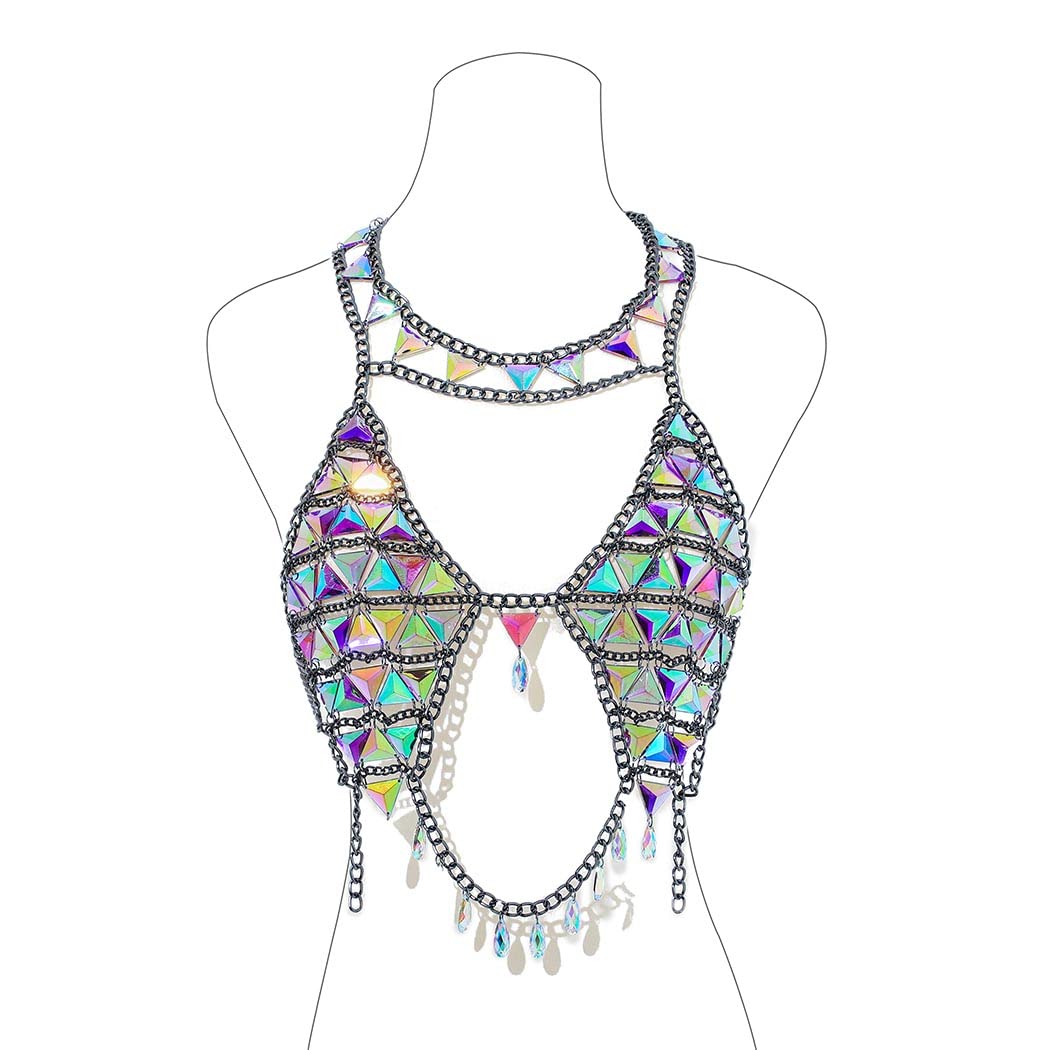 Aiosy Boho Body Chain Bra Silver Sexy Rhinestone Bikini Bra Body Halter Backless Sequins Chain Bra Beach Body Accessories Jewelry for Women (Top)