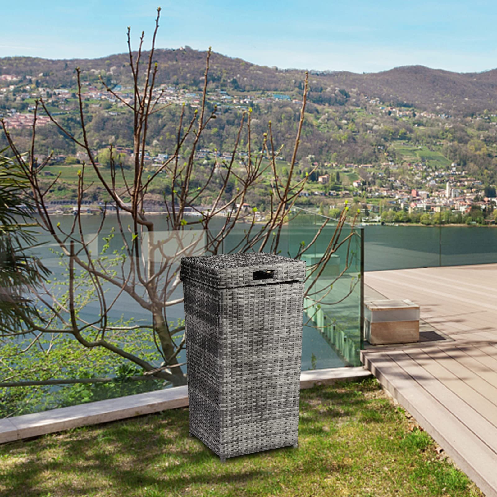 Outdoor Backyard Wicker Trash Can with Lid PE Rattan Steel Frame Waste Basket Trash Bin for Patio, Backyard, Lawn, Porch, Deck and Indoor Kitchen, Bathroom 31 Inch Tall Trash Can 24 Gallon Gary