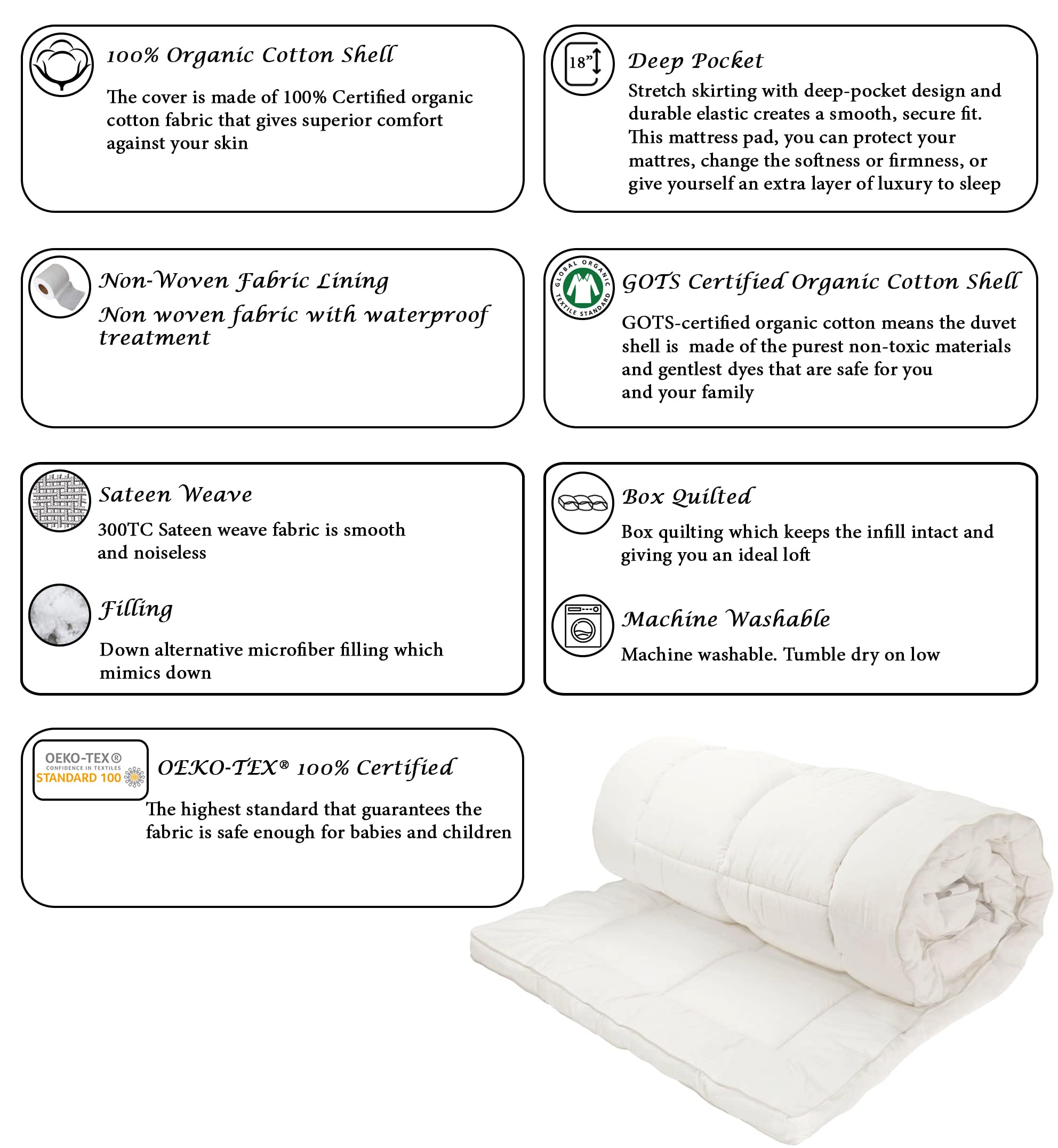 Delara 100% Waterproof 2 IN 1 Mattress Protector & Mattress Pad -Quilted Fitted Down Alternative Mattress Pad Cover, Waterproof Membrane, GOTS Certified Breathable Organic Cotton Shell 18" Deep Pocket