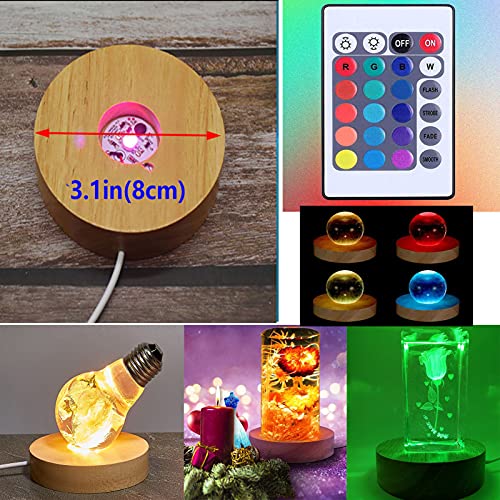 Amldoreat 3.1 Inches LED Lights Display Base, Round Wooden Lighted Base Stand with Remote Control for Laser Crystal Glass Resin Art, Sphere, Cylinder,Cube,Hexahedron, Resin Silicone Molds