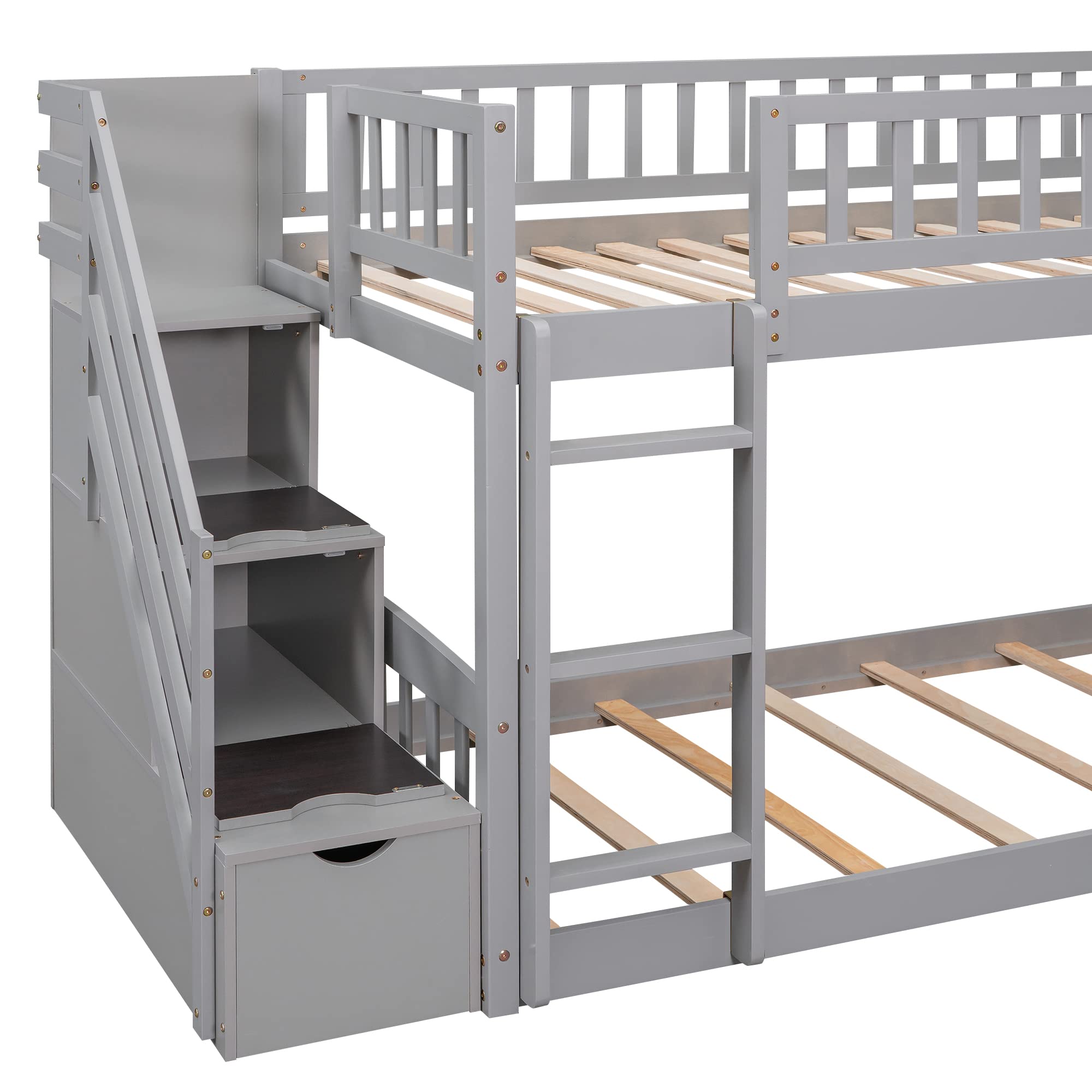 CITYLIGHT Twin Over Twin Bunk Bed with Slide and Stairs, Wooden Low Bunk Bed with Storage Stairs,Kids Bunk Bed with Slide for Girls Boys,No Box Spring Needed, Grey
