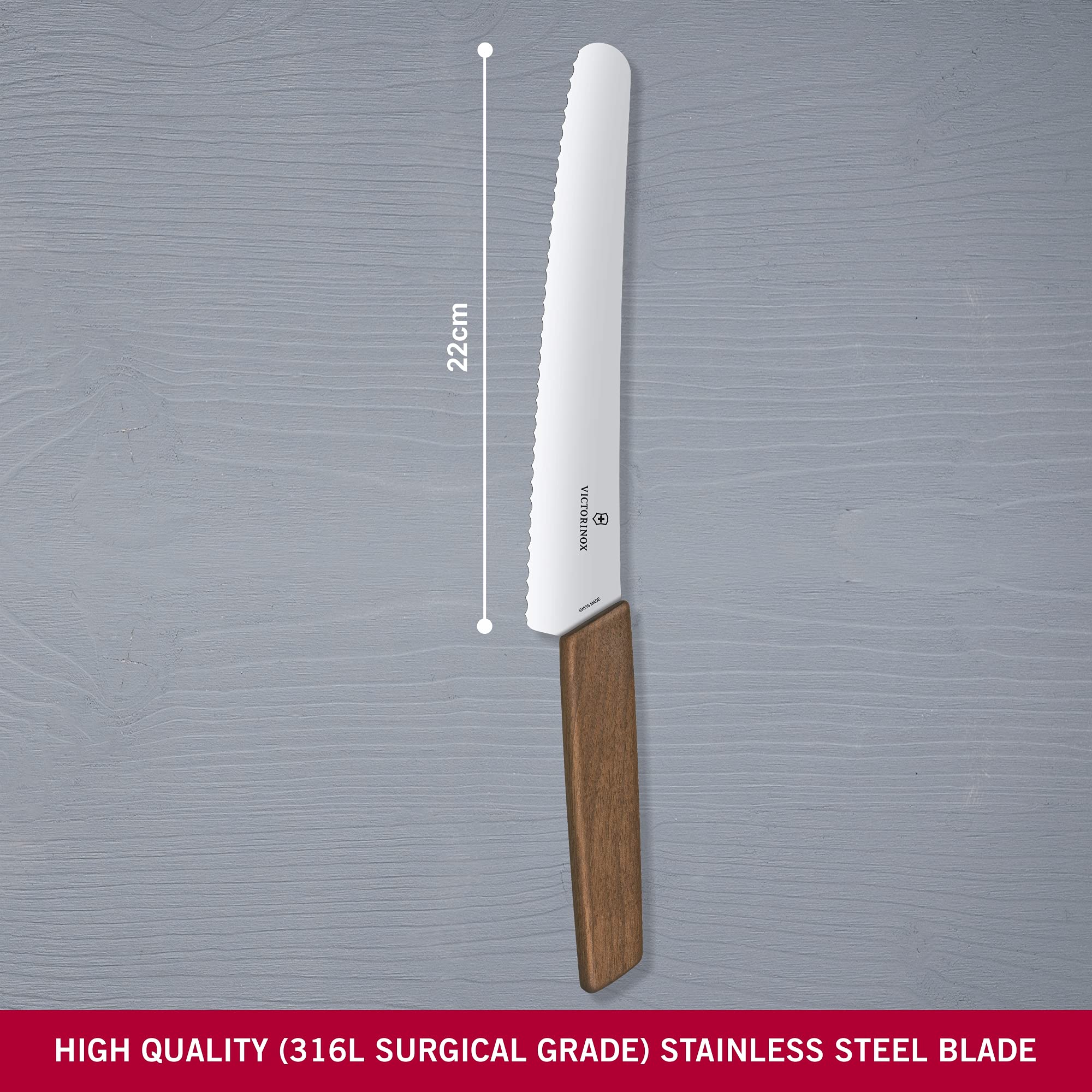 Victorinox Swiss Modern Bread & Pastry Knife - Serrated Bread Knife for Kitchen Accessories - Sharp Kitchen Knife for Cutting Sandwiches, Vegetables & More - Wavy Edge, Walnut Wood Handle, 8.5"