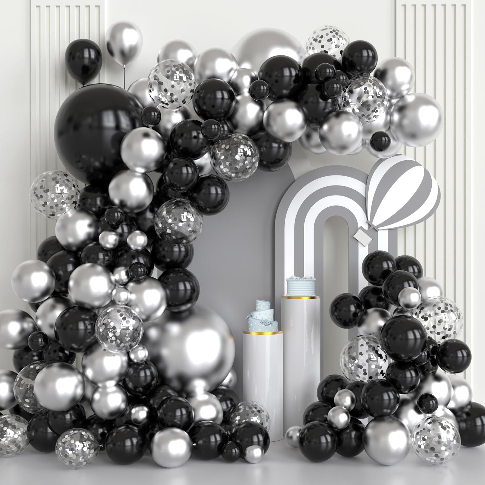 Black and Silver Balloon Garland Arch Kit, 102pcs Black Silver Confetti Latex Balloons for Birthday Bridal Shower Wedding Engagement Anniversary Graduation Theme Decorations