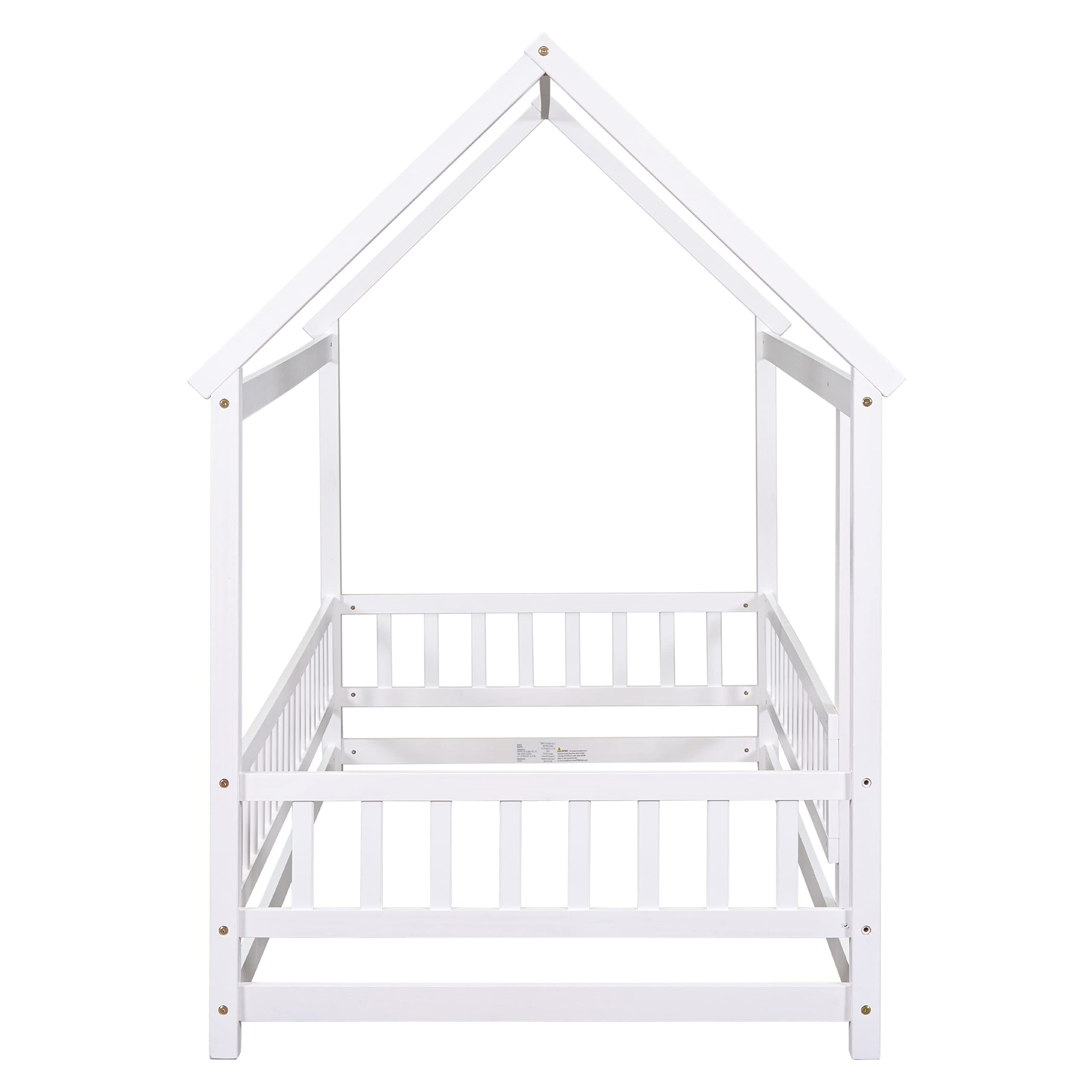 CITYLIGHT Twin Floor Bed Frame, Pine Wood, White With Roof, 20"W