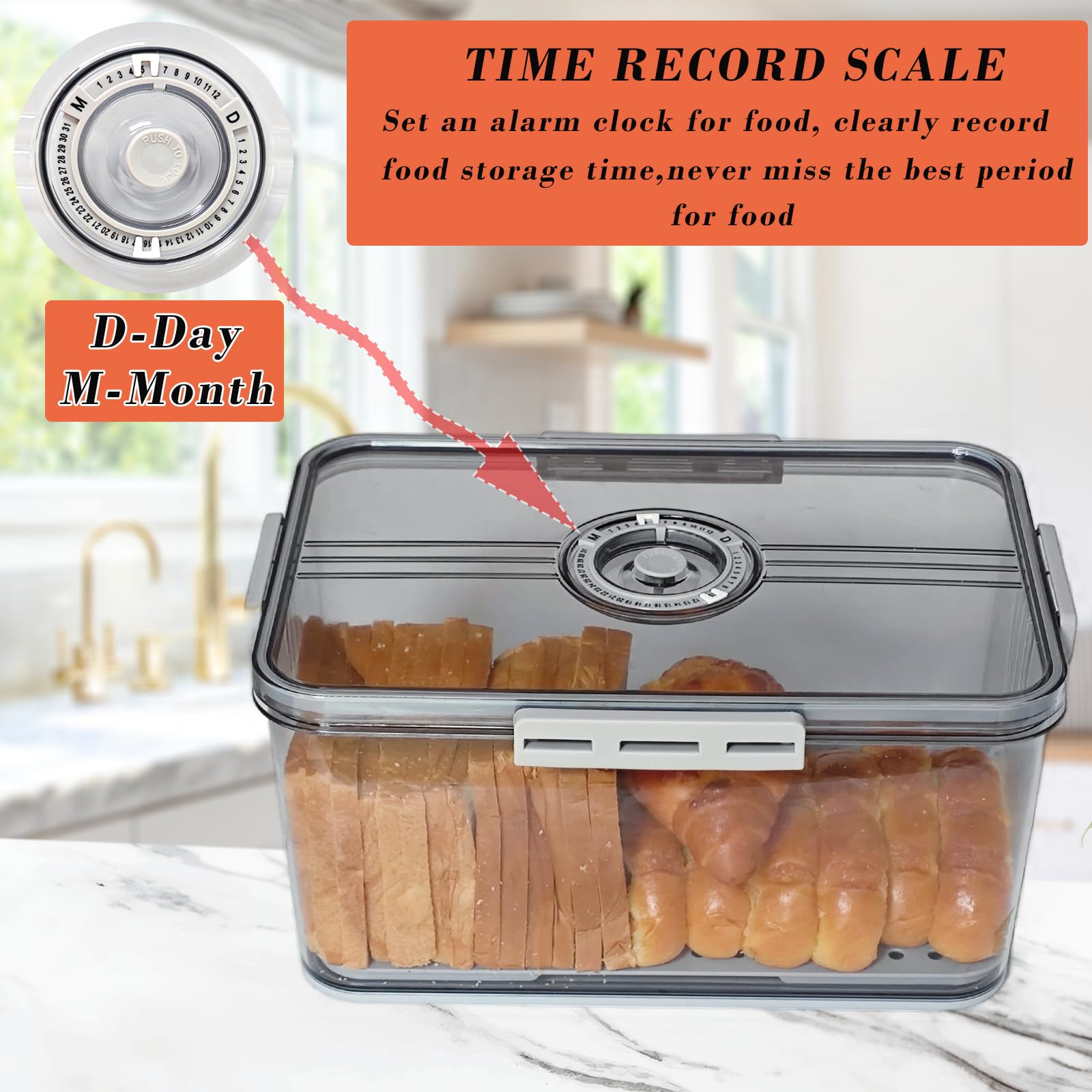 Bread Box with Lid for Kitchen Counter, 10L Airtight Loaf Bread Storage Container,Time Recording Bread Keeper for Homemade Bread, Toast, Bagel, Donut and Cookies (Grey)