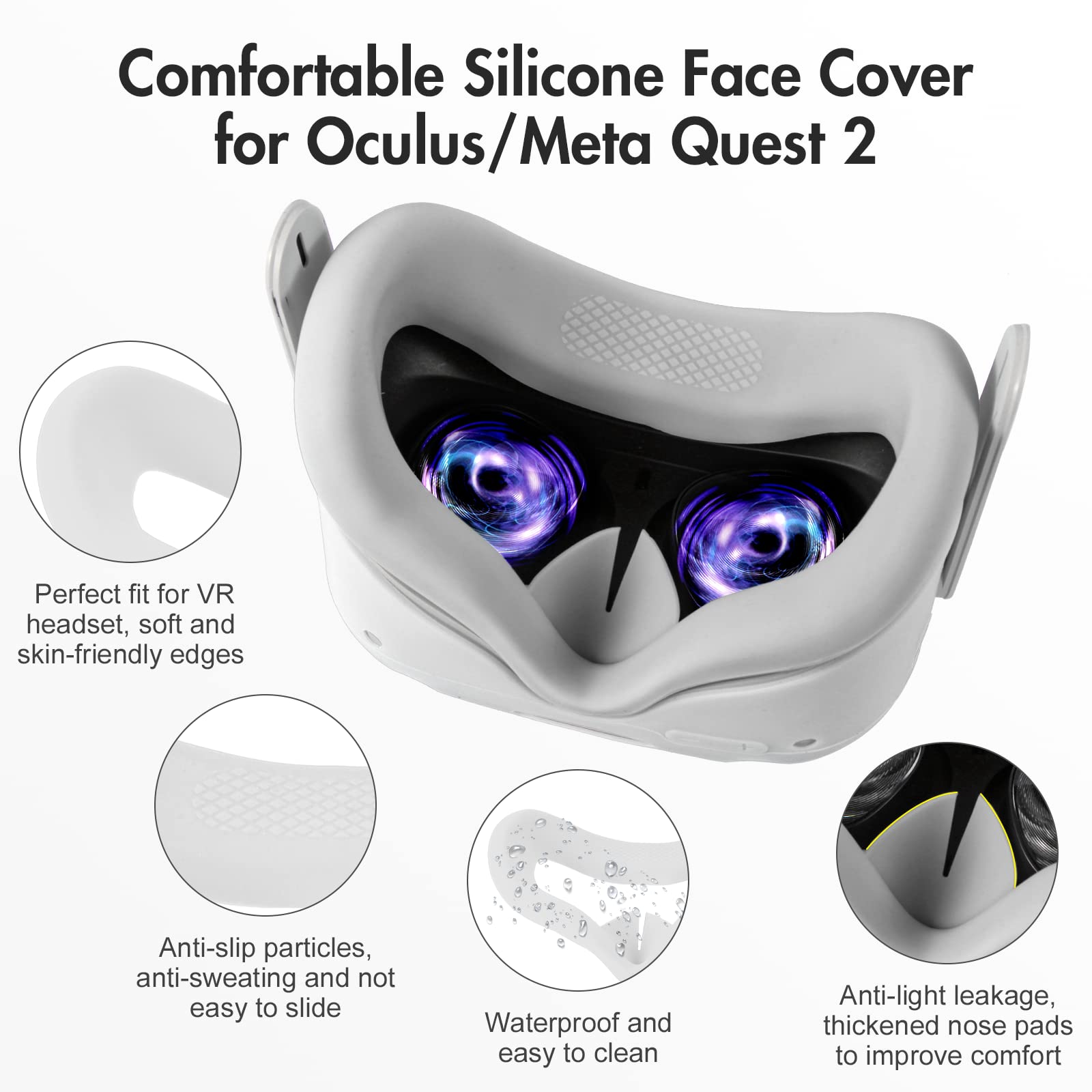 AMLINK VR Silicone Cover Accessories for Oculus Quest 2, VR Shell Cover Protective, Silicone Face Cover, Adjustable Strap Controller Grip Cover and Remote Sensing Rod Cap(Greyish White)