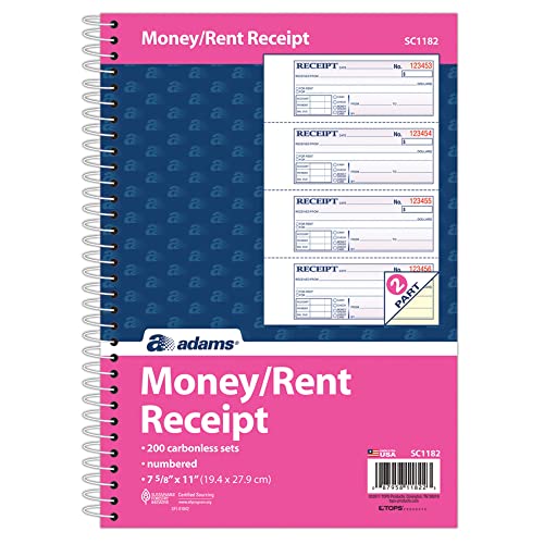 Adams(R) Carbonless 2-Part Spiral Money/Rent Receipt Book, 7 5/8in. x 11in., Book of 200 Sets, SC1182