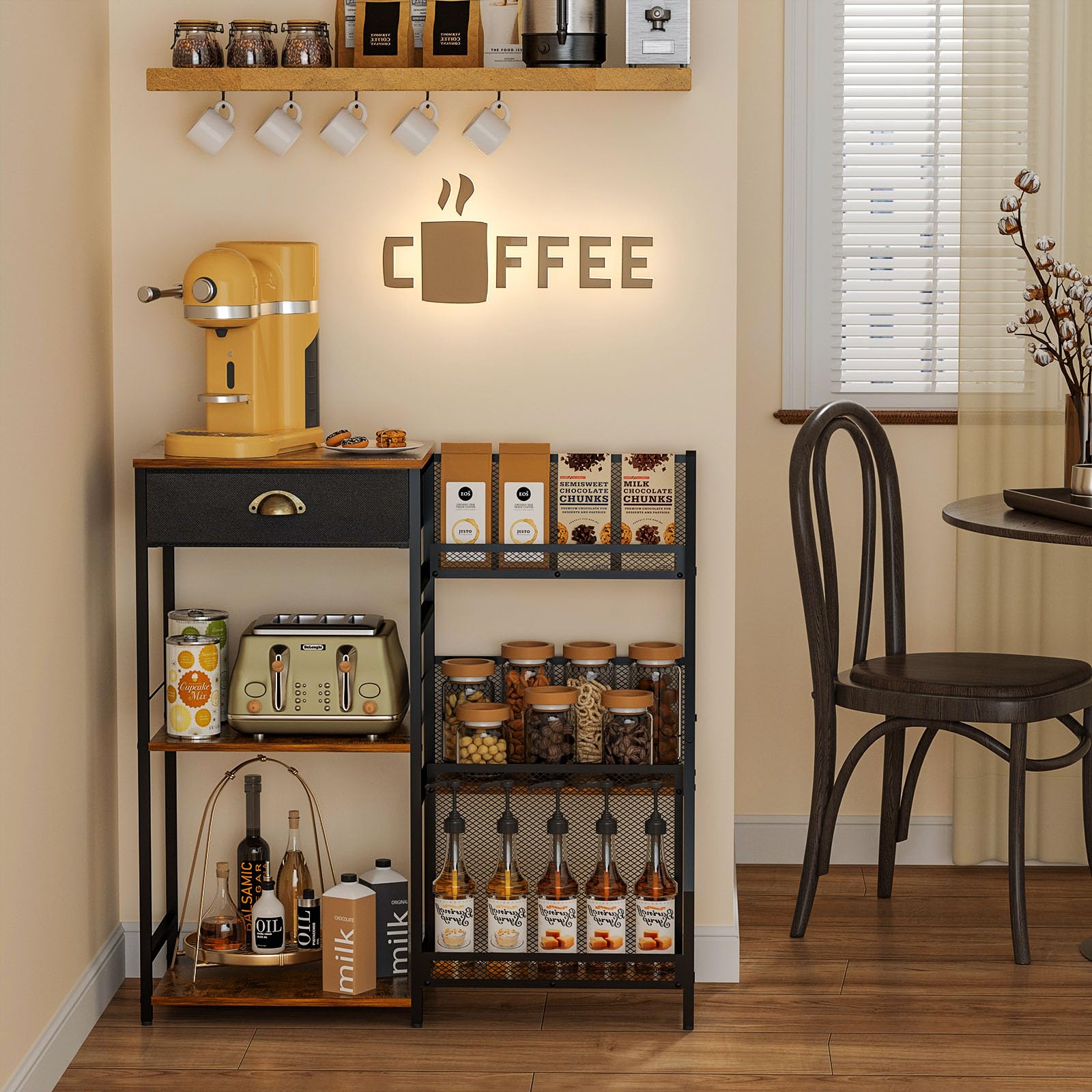 Coffee Bar Cabinet, Coffee Stand Station with Drawer for Coffee Accessories Syrup Dispenser, 3-Tier Farmhouse Coffee Table with Fence for Living Room, Corner, Kitchen, and Small Space(Rustic Brown)