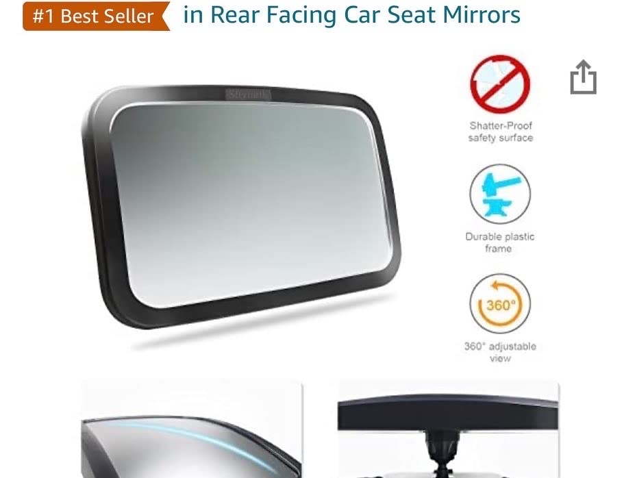 Baby car mirror for rear facing. XL, crystal clear view, 360 rotation, fully assembled, shatter proof