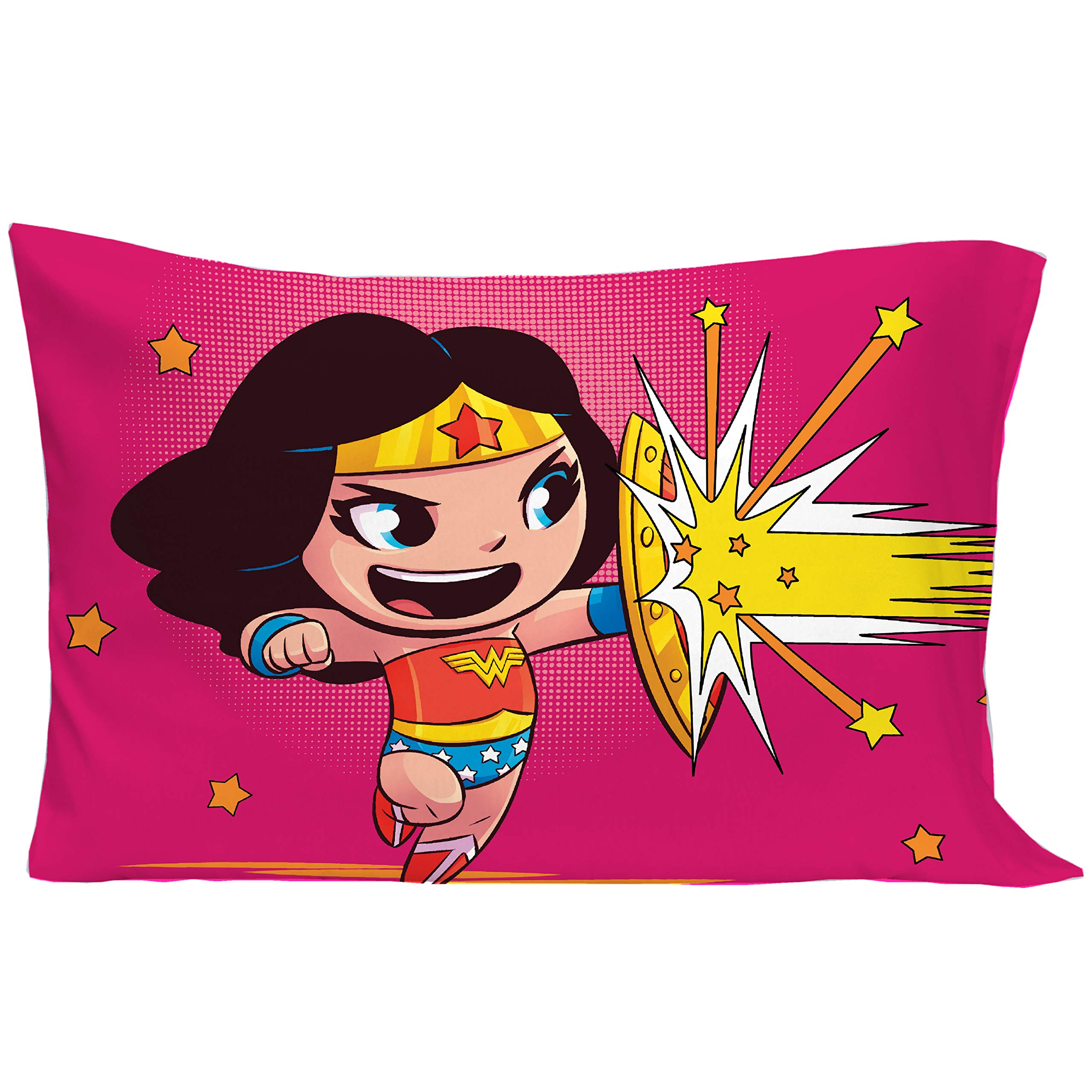 Wonder Woman Pink, Gold, Red & Blue 4Piece Toddler Bed Set - Comforter, Flat Top Sheet, Fitted Bottom Sheet, Reversible Standrd Size Pillowcase, Bright Pink, Light Pink, Gold, Red