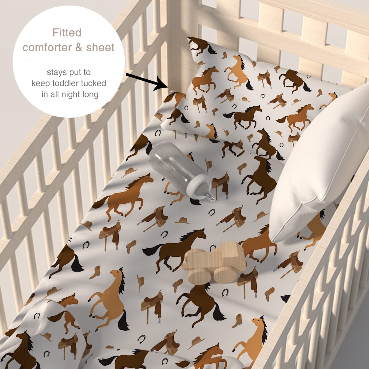 ARIGHTEX Horse 4 Piece Toddler Bedding Set with Cute Farm Animal - Includes Quilted Comforter, Fitted Sheet, Top Sheet, and Pillow Case for Girls Boys Bed