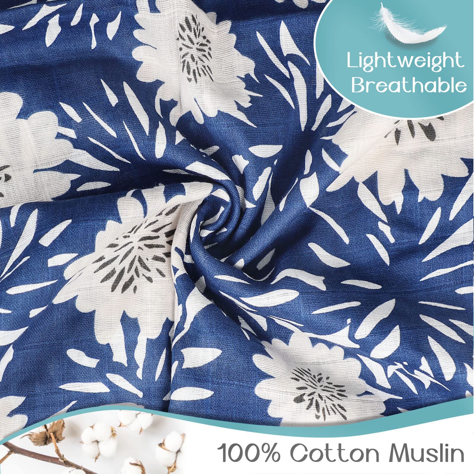 Baby Car Seat Cover Muslin Carseat Canopy for Girl Lightweight Breathable Thin Summer Blue Chamomile Print