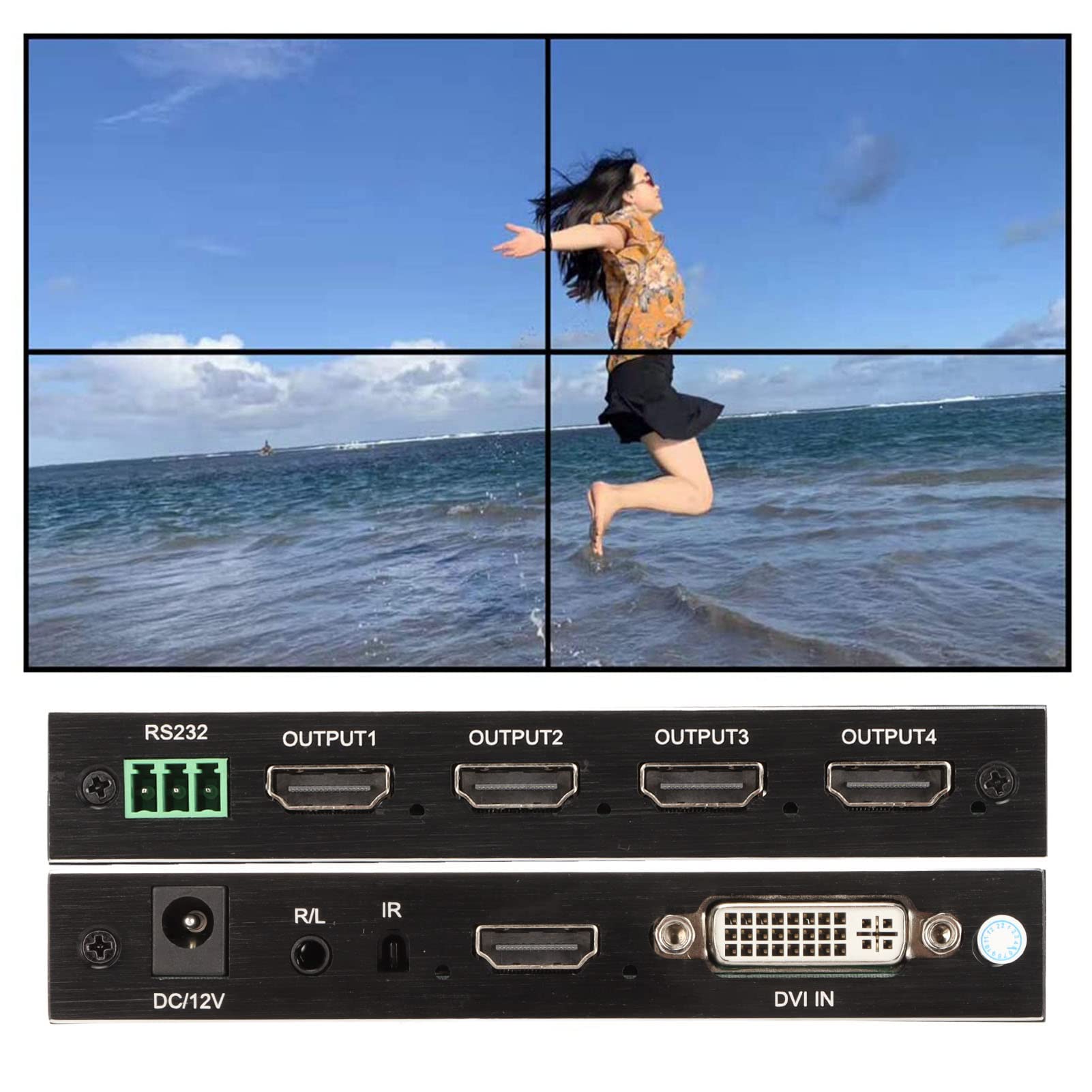 TV Wall Video Controller, 1080p 2x4, 2x8 Cascade Modes, DVI Inputs, 4 Outputs, 180° Rotating 8 Display Modes, Multi Video Splicing Display Processor (US Plug)