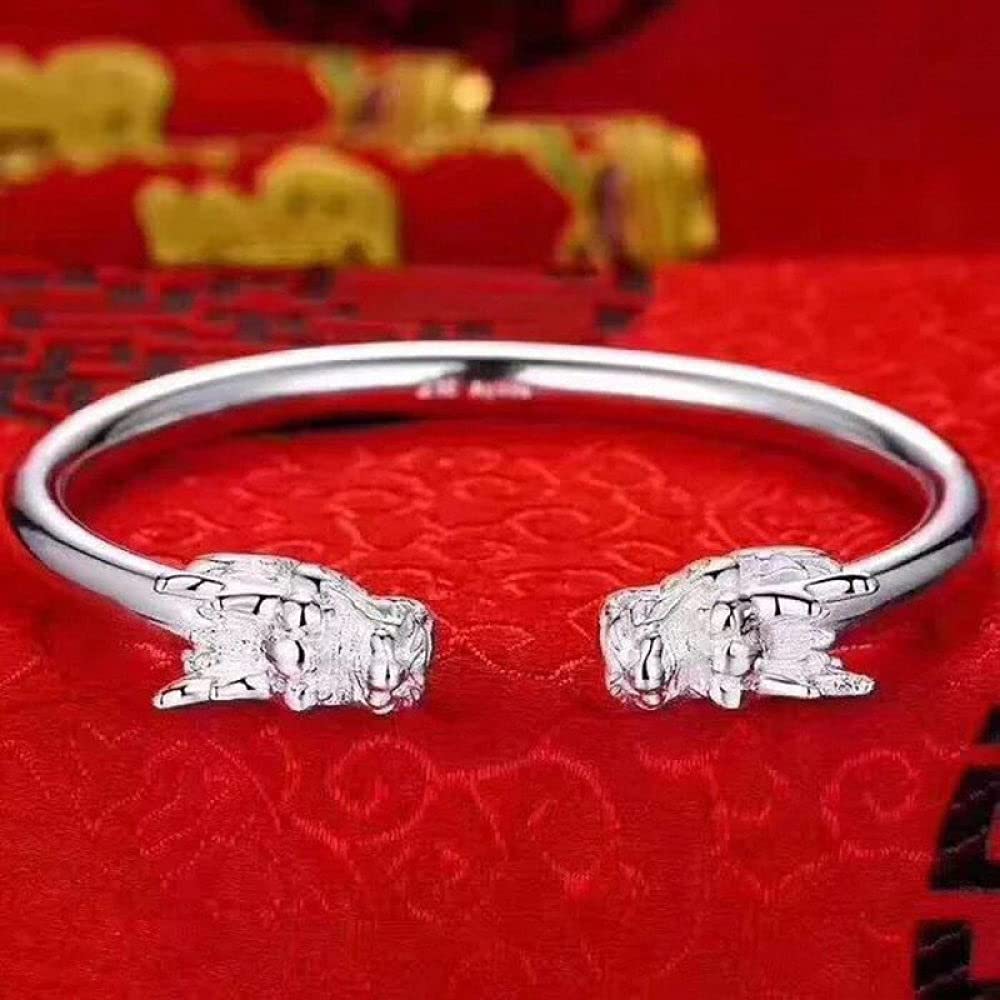 AdjustableSterling Silver Bangle Bracelet, Blue Diamond Bracelet,Sterling Silver Bracelet for Women,Women 925 Sterling Silver Bracelet Double Dragon's Head Cuff Bangle