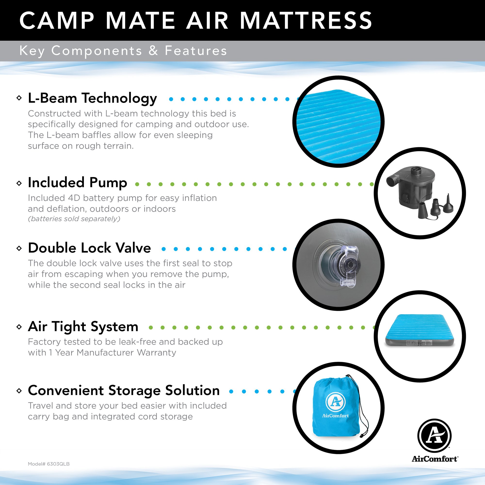 Air Comfort Camp Mate Queen Size Air Mattress with Battery Pump, 500lb Weight Capacity