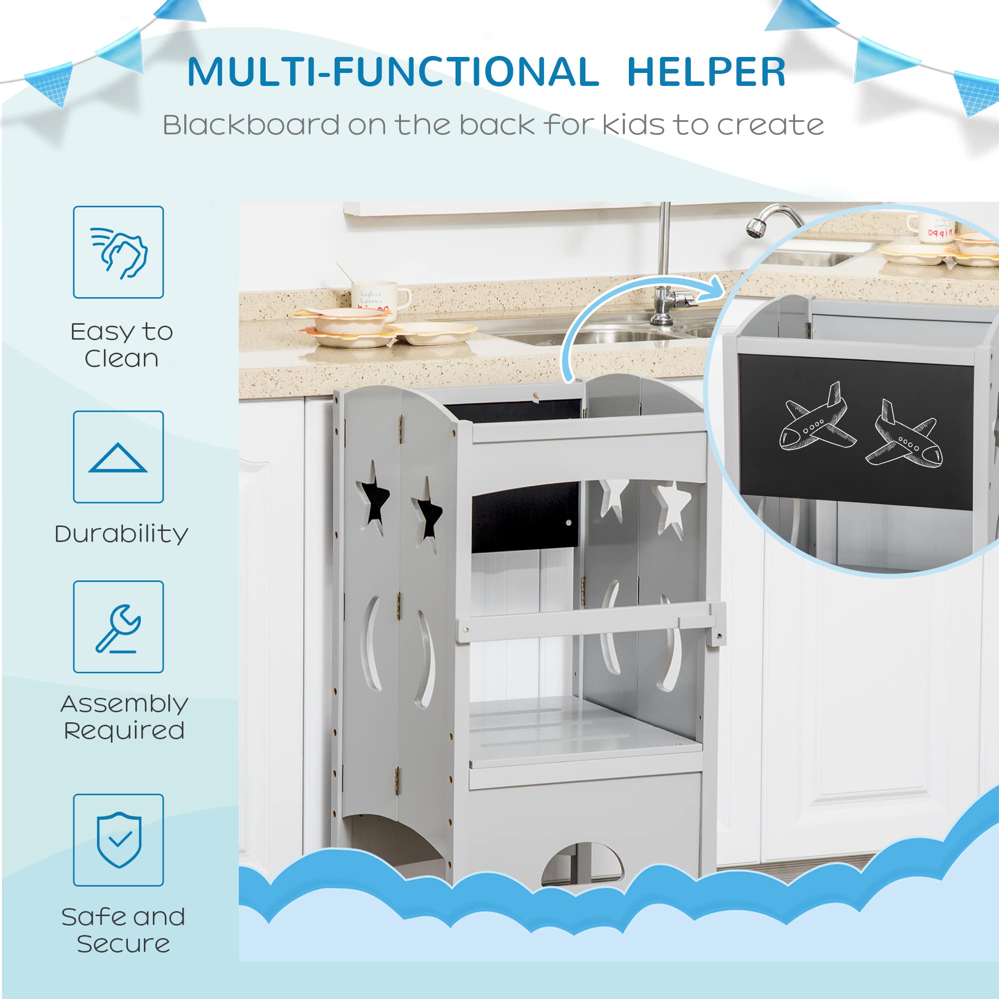 Qaba 2 in 1 Kids Foldable Kitchen Step Stool, Toddler Standing Tower with Chalkboard and Lockable Handrail for Children 3-6 Years Old, Gray