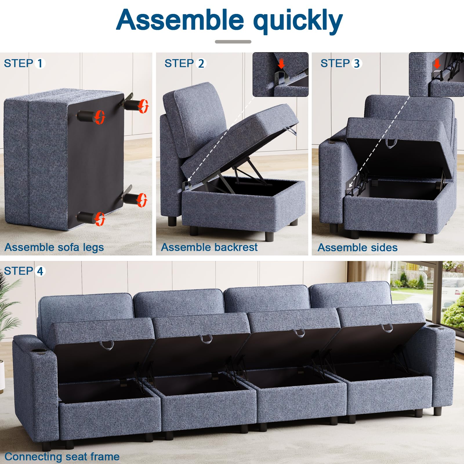 beyond SMART Middle Module for Modular Sectional Sofa, Customizable Sectional Sofa Couch，Accent Armless Chair with Storage Seat, Sectional Couches for Living Room,Navy Blue