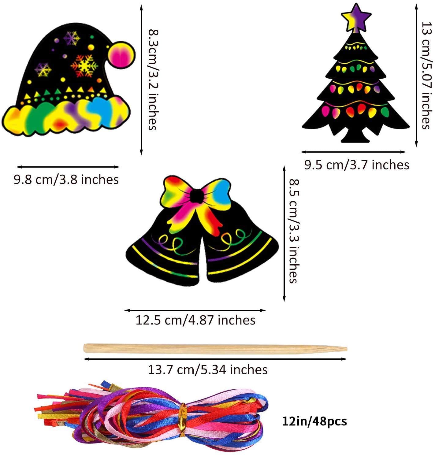 FINGOOO Scratch Art for Kids,48 Christmas Rainbow Scratch Paper Art Set with 12 Wooden Stylus Xmas Craft Decor