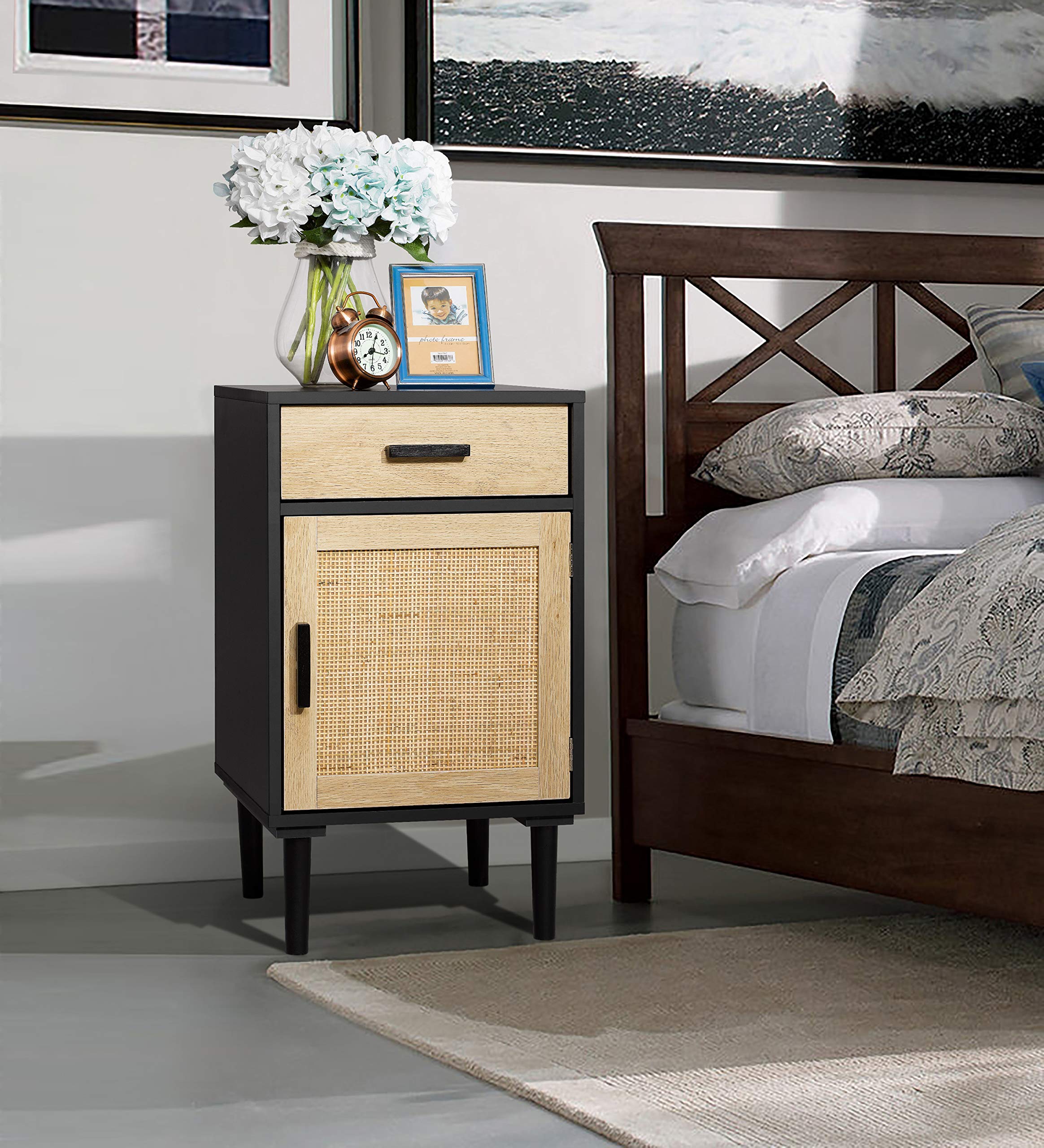 Finnhomy Tall Nightstands Set of 2, Night Stand, Bedside Table Set of 2 with Drawer and Shelf, Hand Made Rattan Decorated Doors, Nightstands with Storage for Bedroom, Black, 2 Pack