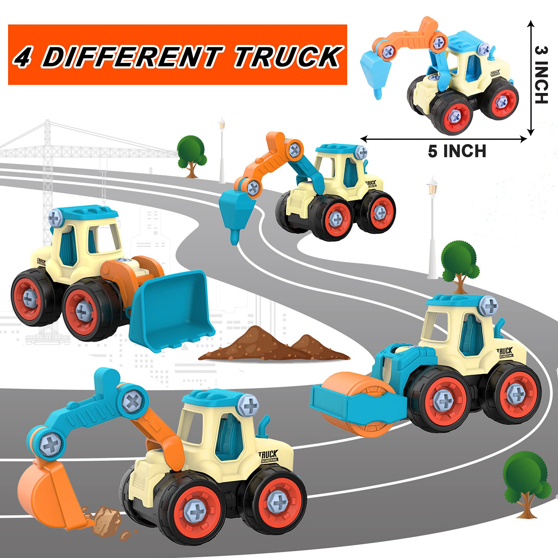 Sand Toys for Kids Toddlers: Take Apart Construction Toys Truck Set Includes Road Roller, Excavator, Bulldozer, Drilling Truck