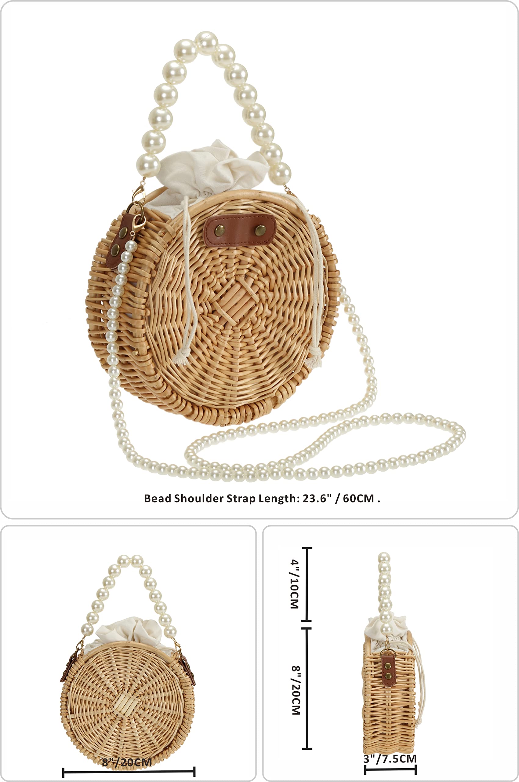 So'each Women Handmade Rattan Wicker Woven Artificial Pearl Circle Shoulder Bag