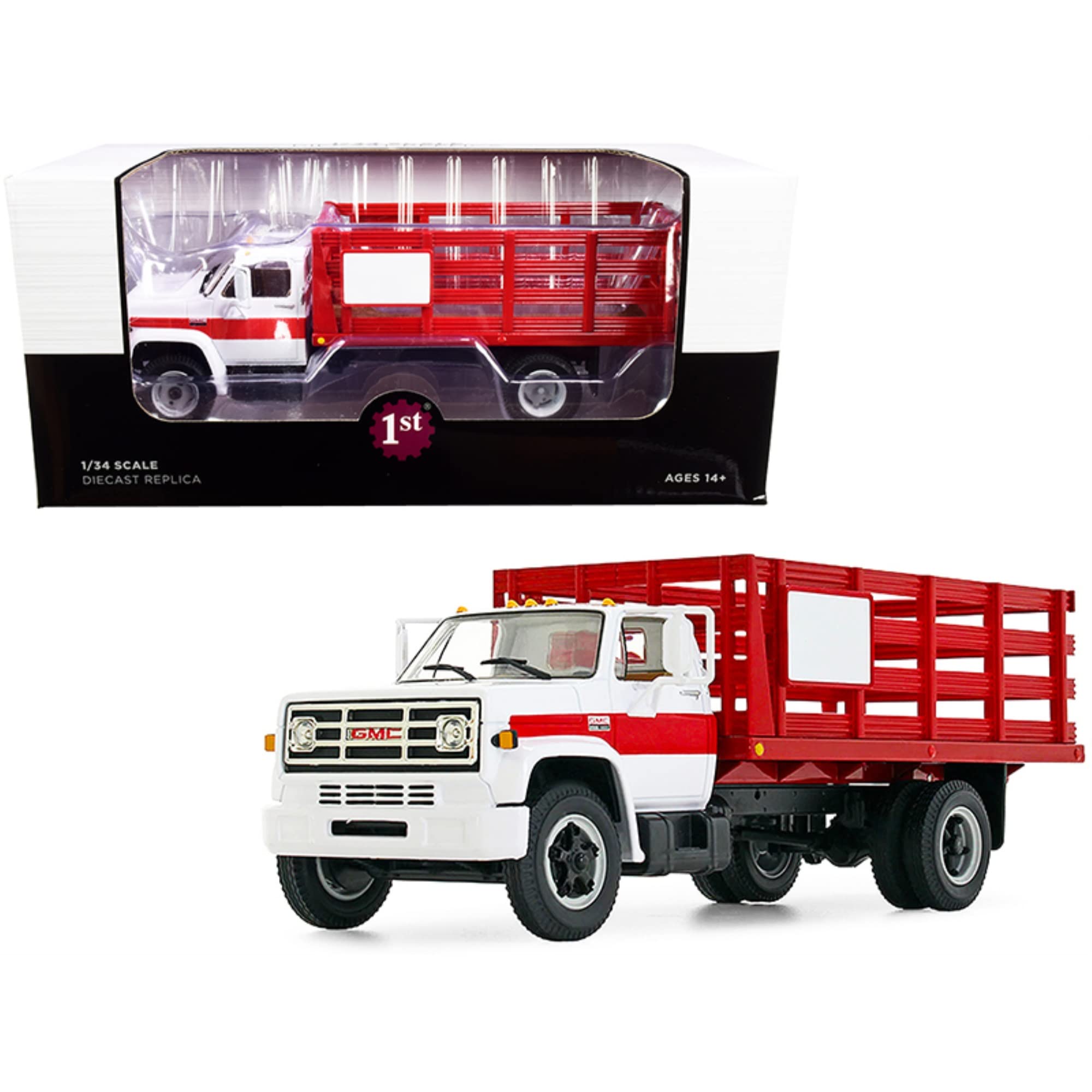 First Gear 1/34 Scale Diecast Collectible White/Red 1970's GMC 6500 Stake Truck (10-4220)