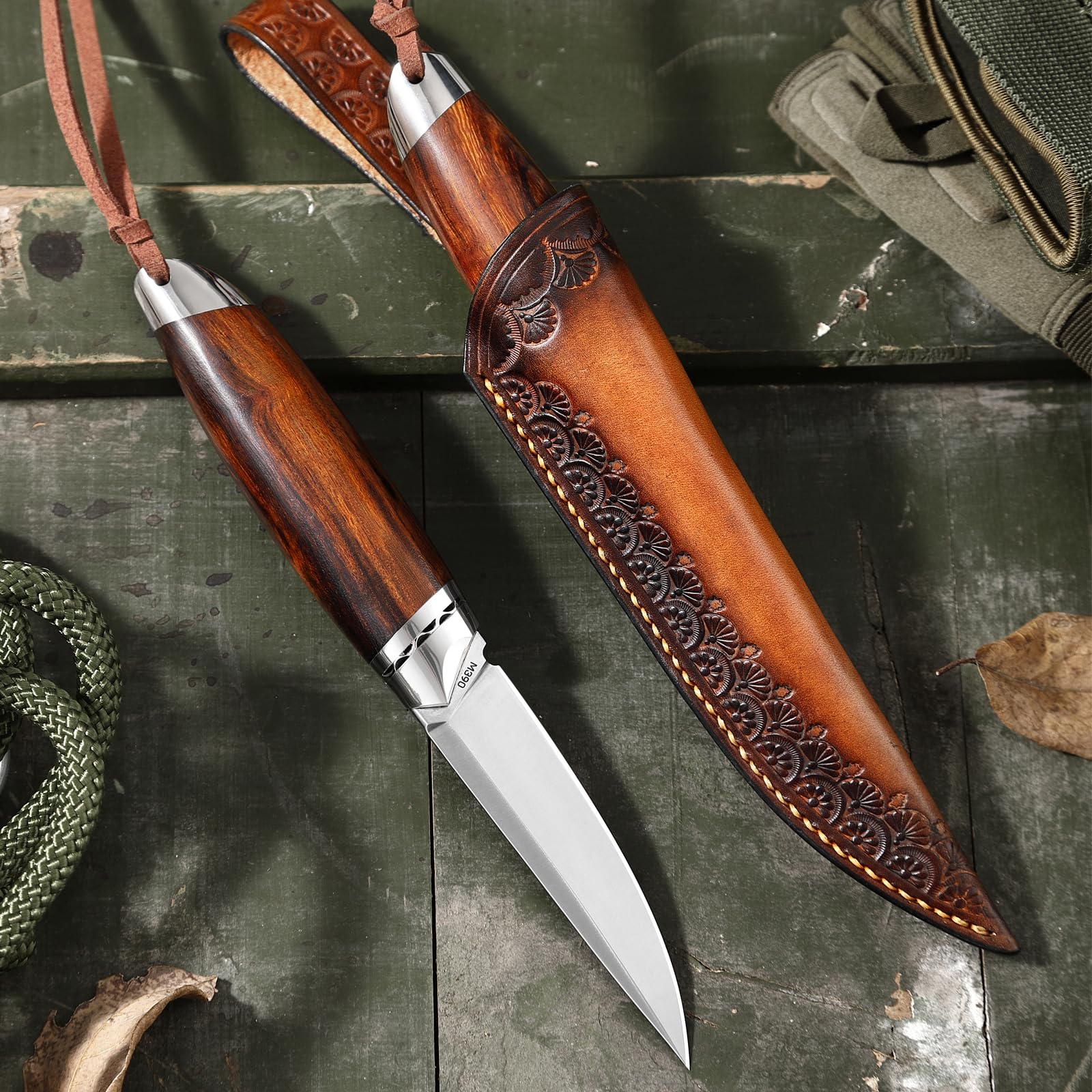 ALVELY Handmade in Northern Europe Fixed blade hunting knife,High hardness M390 steel Camping Adventure Knife,Desert Iron Wood Handle,With leather case and gift packaging,Home and Outdoor EDC knife