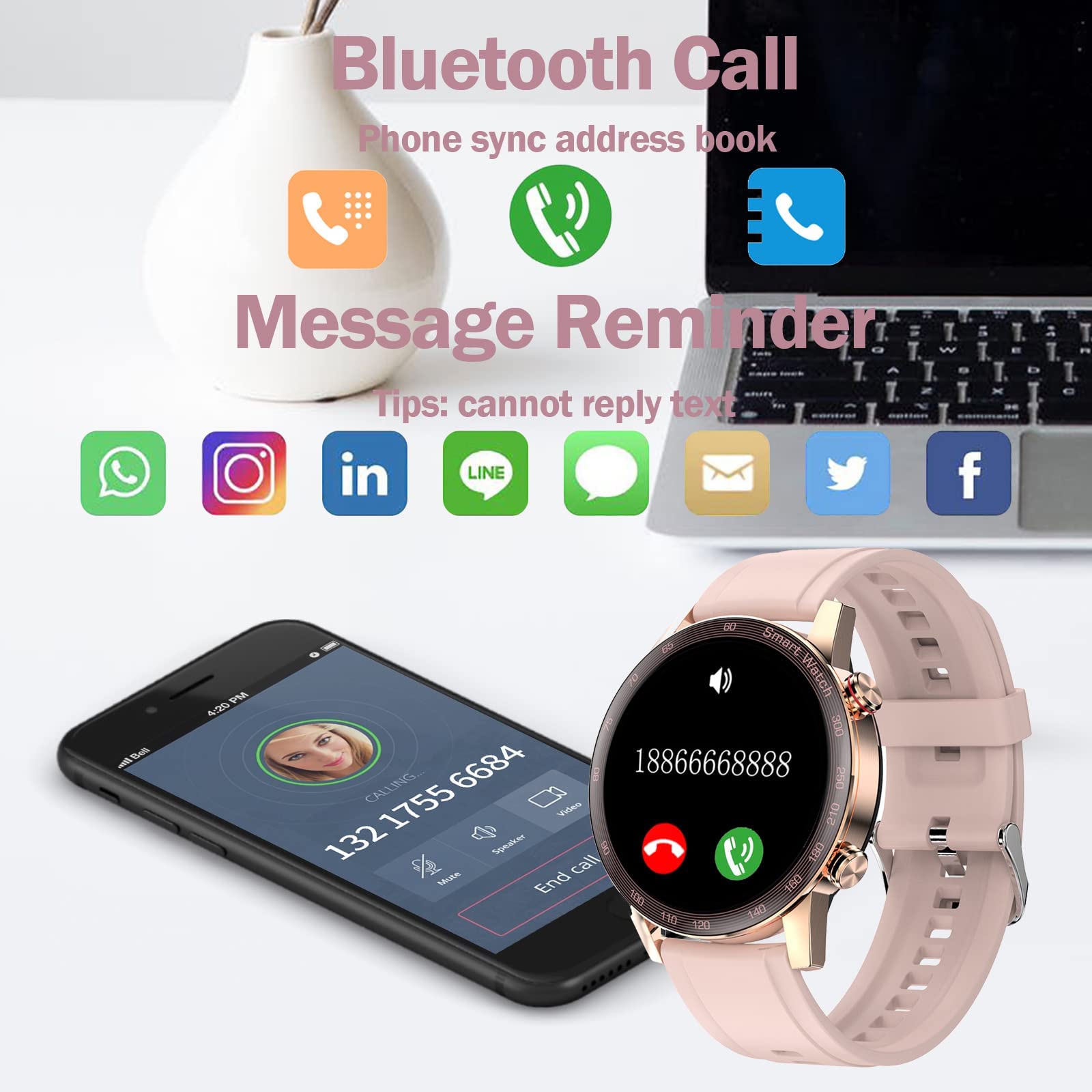 Smart Watch for Android Phones iOS Make/Answer Call Bluetooth Music Pedometer Calorie Counter Message Reminder Smartwatch Waterproof Watches for Women Ladies