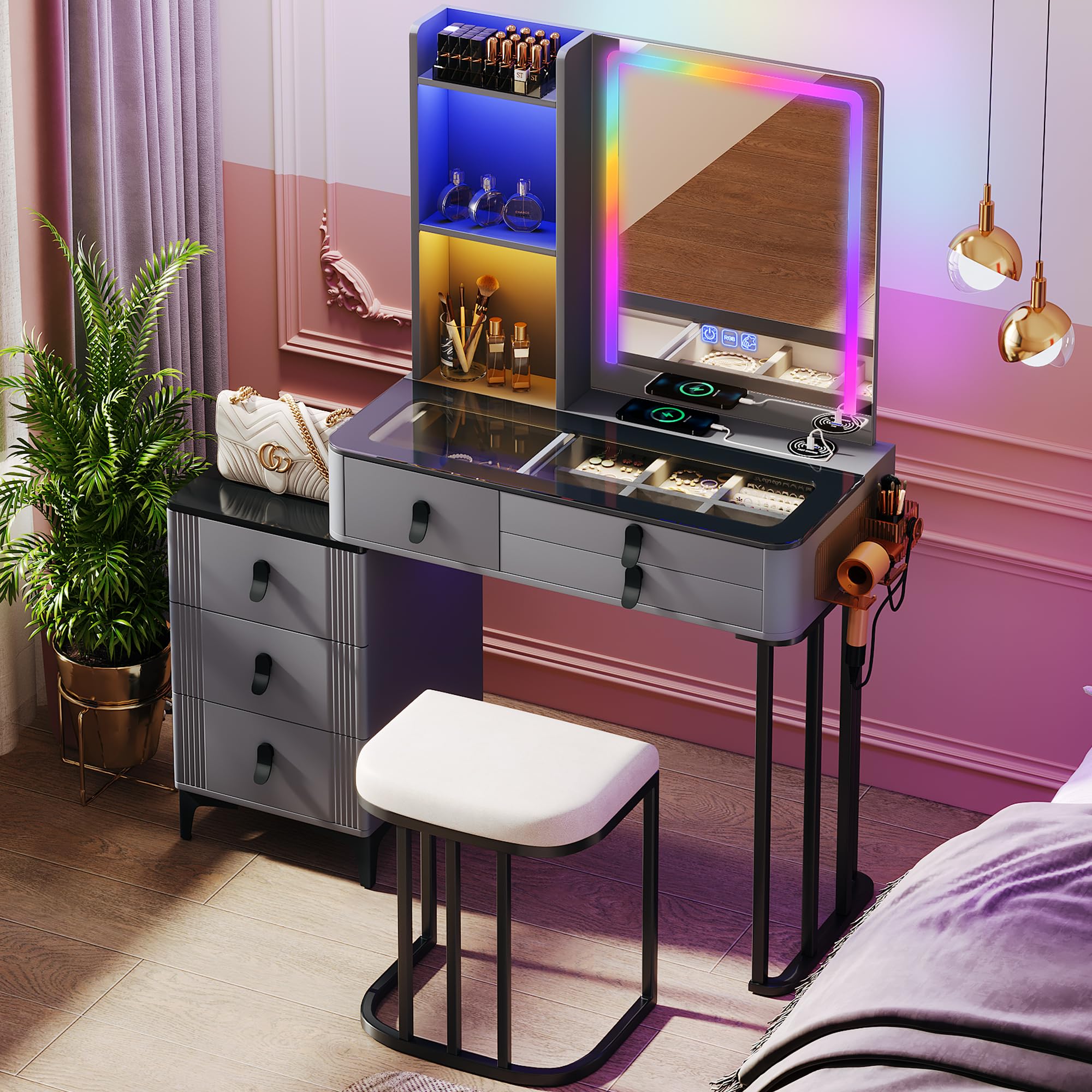 Vanity-with-Mirror-and-Lights Makeup Desk - White Dressing Table Set with Chair Glass Desktop Charging Station 6 Drawers 3 Open Storage Shelves