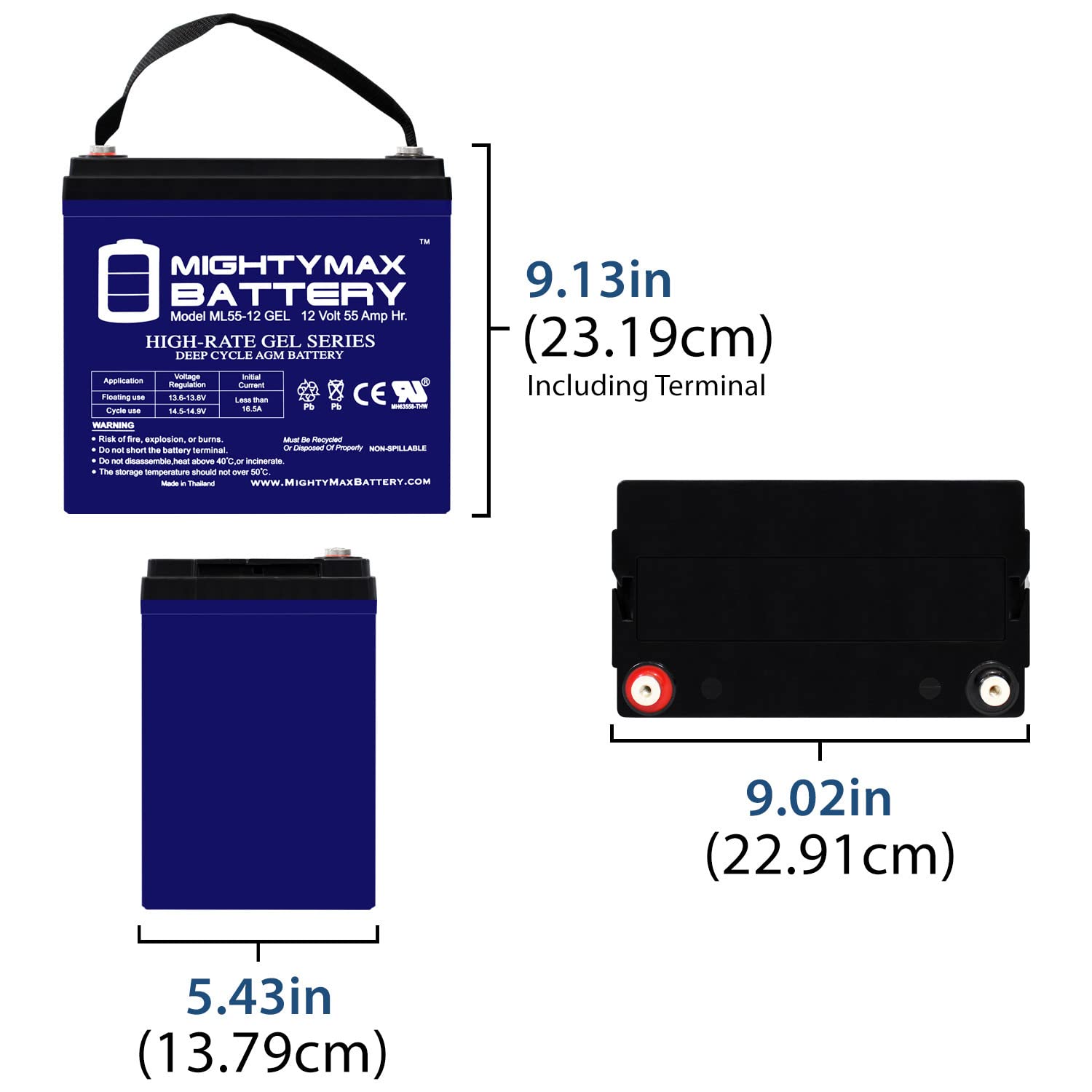 Mighty Max Battery ML55-12GEL -12 Volt 55 AH, GEL Type, Internal Thread (INT) Terminal, Rechargeable SLA AGM Battery